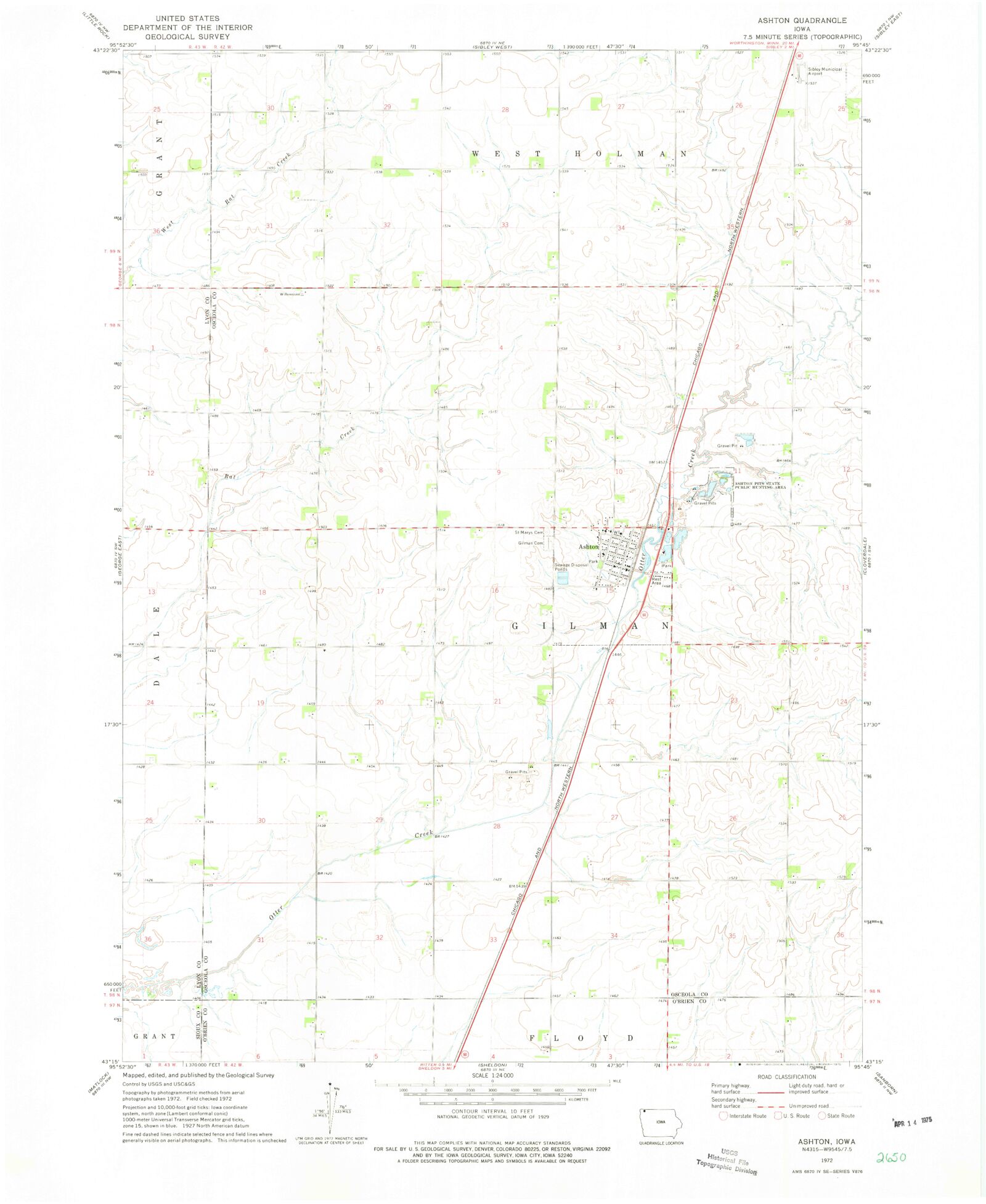Classic USGS Ashton Iowa 7.5'x7.5' Topo Map – MyTopo Map Store