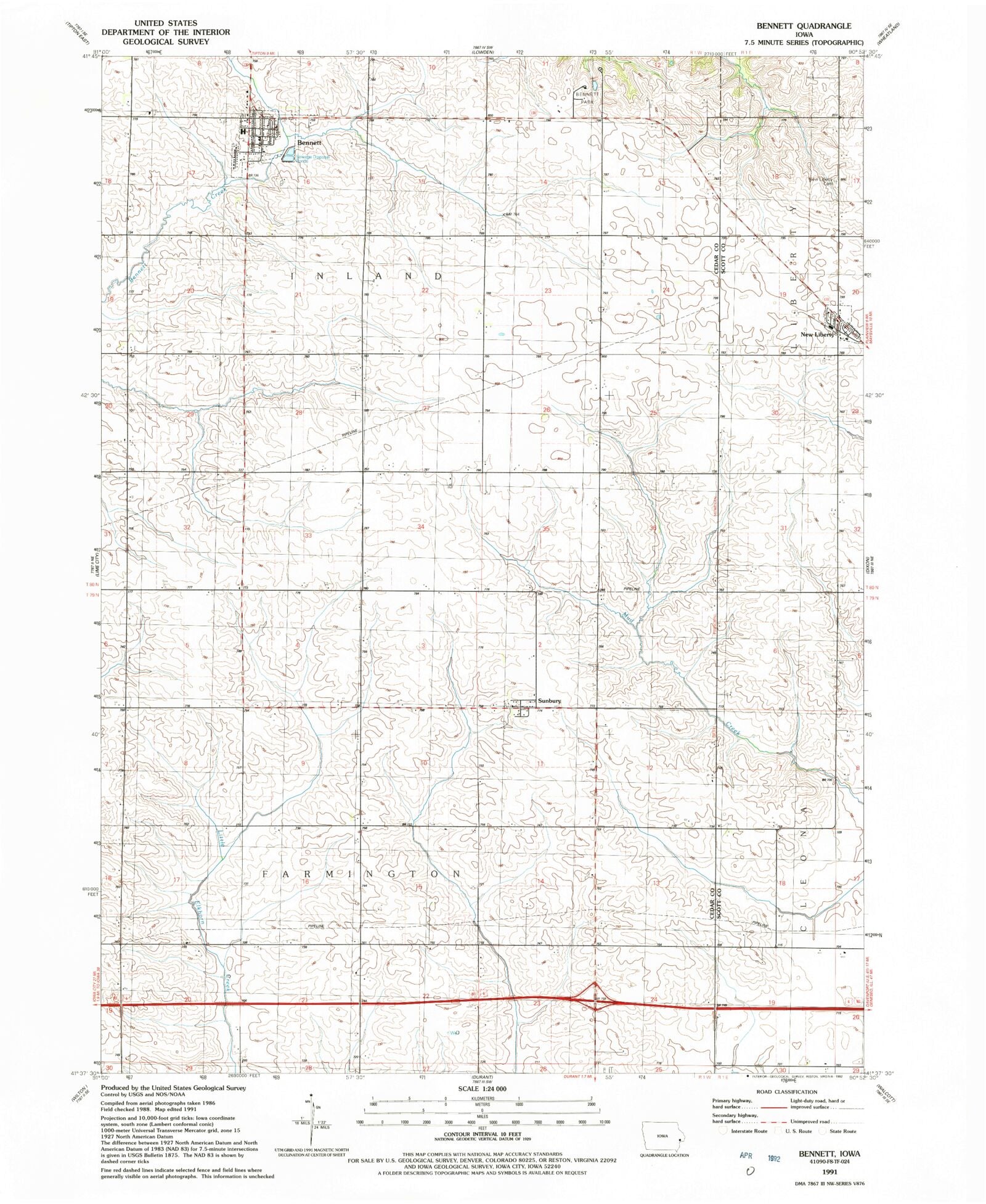 Classic USGS Bennett Iowa 7.5'x7.5' Topo Map – MyTopo Map Store