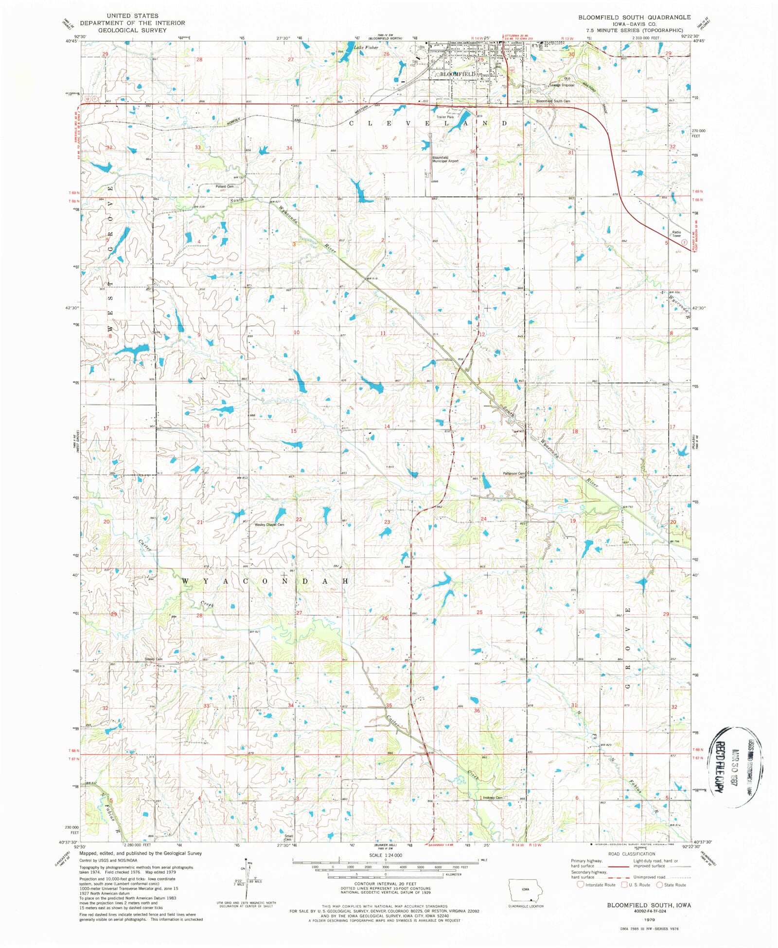Classic USGS Bloomfield South Iowa 7.5'x7.5' Topo Map – MyTopo Map Store