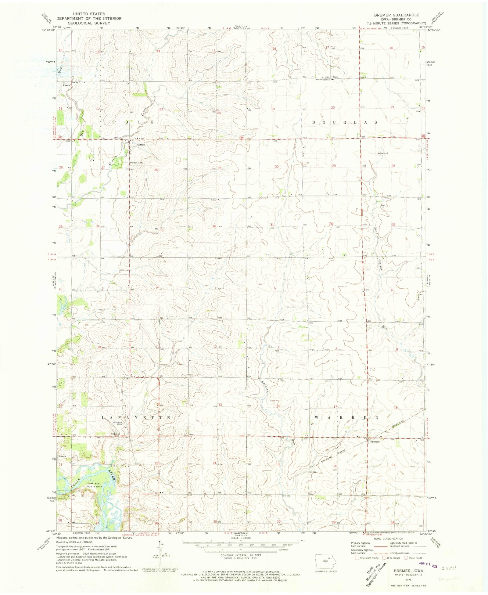 Classic USGS Bremer Iowa 7.5'x7.5' Topo Map – MyTopo Map Store
