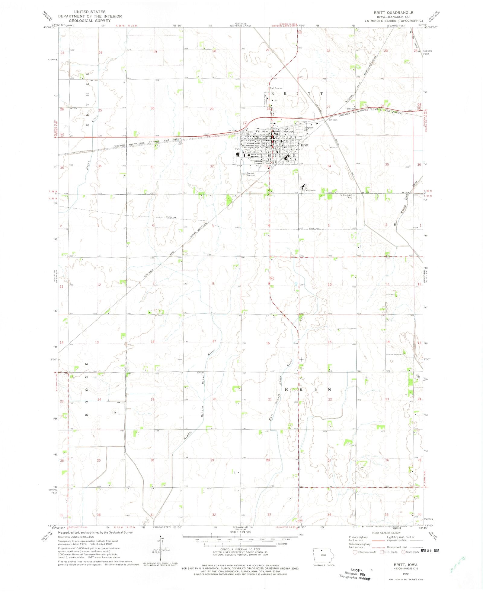 Classic USGS Britt Iowa 7.5'x7.5' Topo Map – MyTopo Map Store