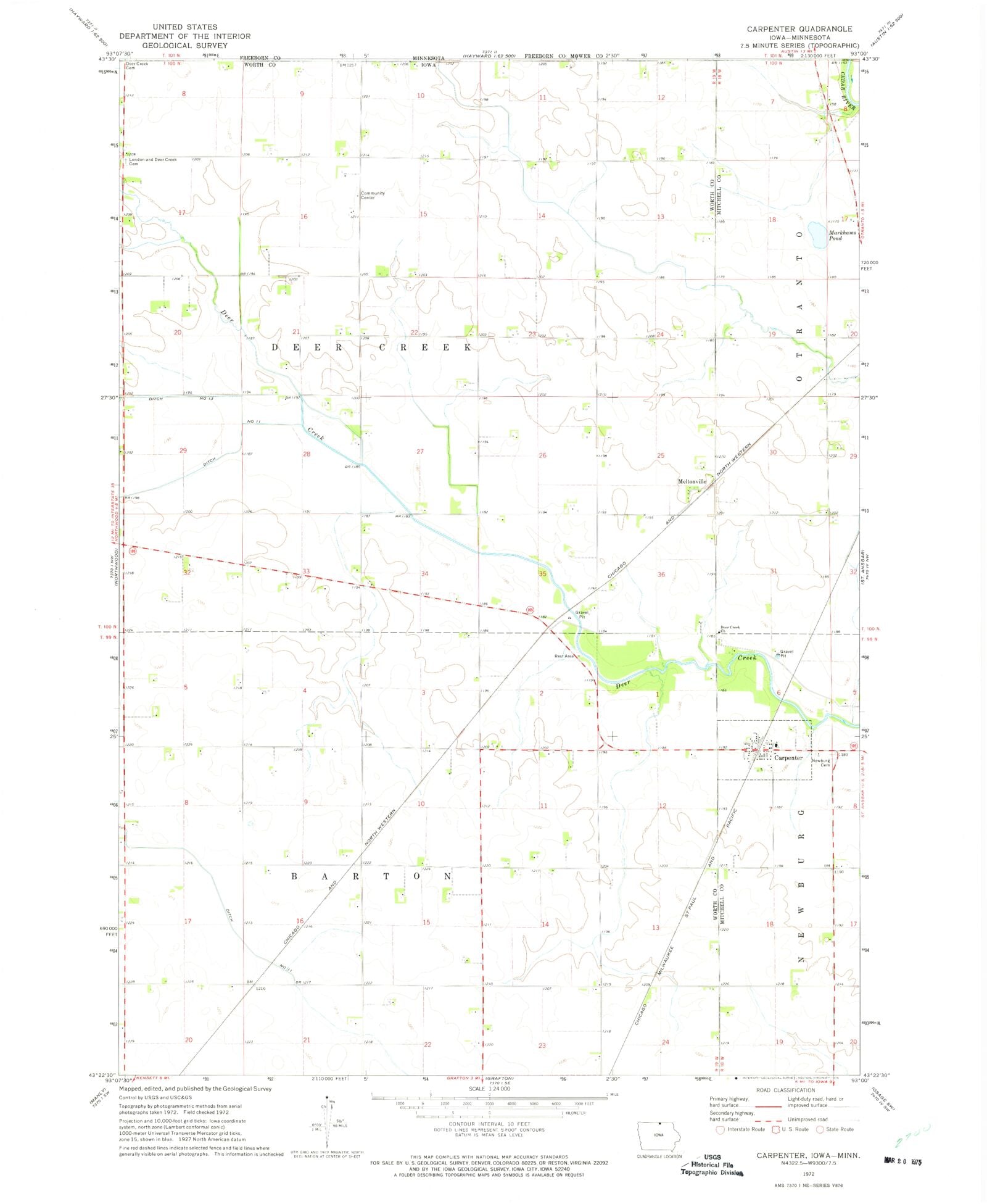 Classic USGS Carpenter Iowa 7.5'x7.5' Topo Map – MyTopo Map Store