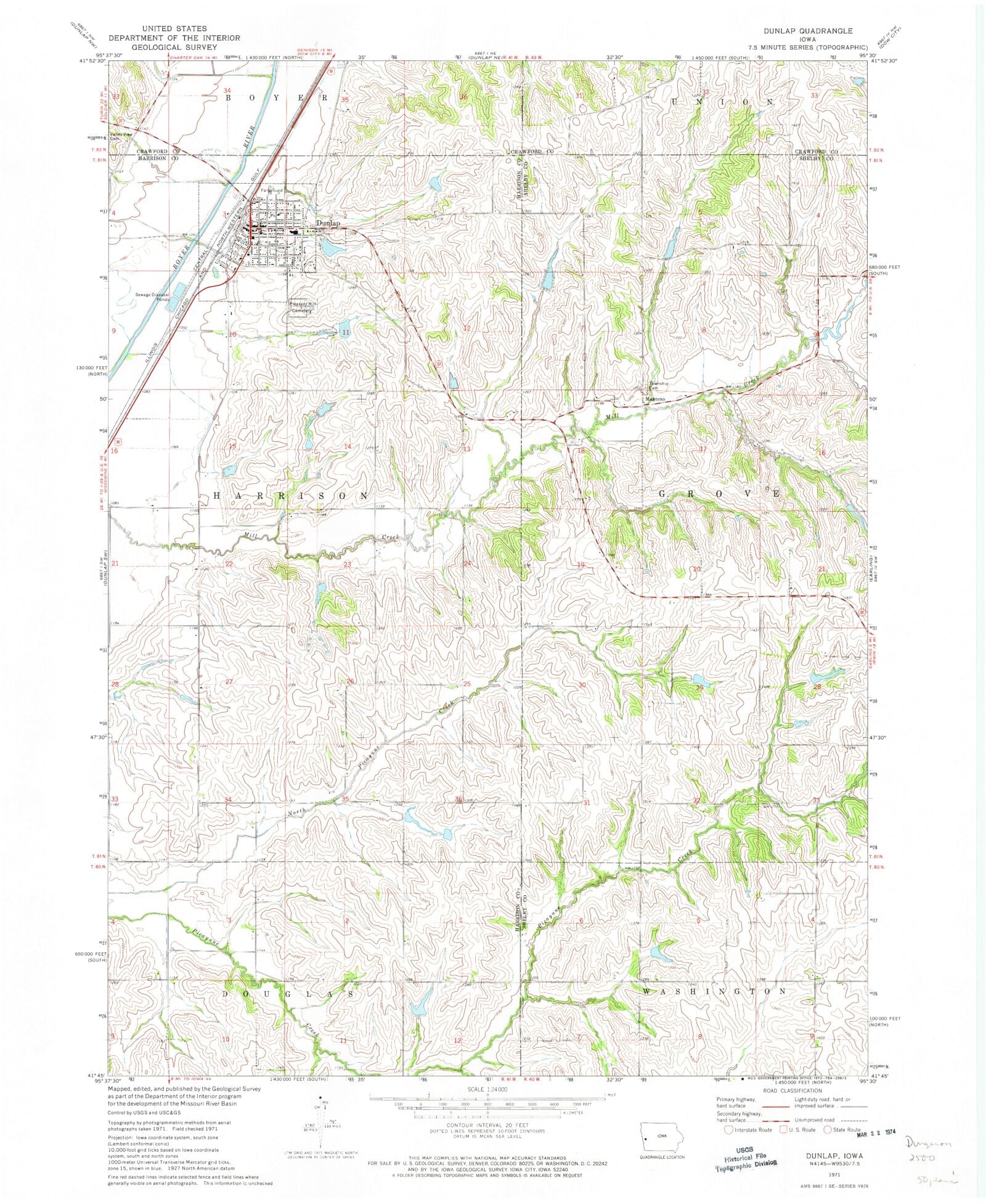 Classic USGS Dunlap Iowa 7.5'x7.5' Topo Map – MyTopo Map Store