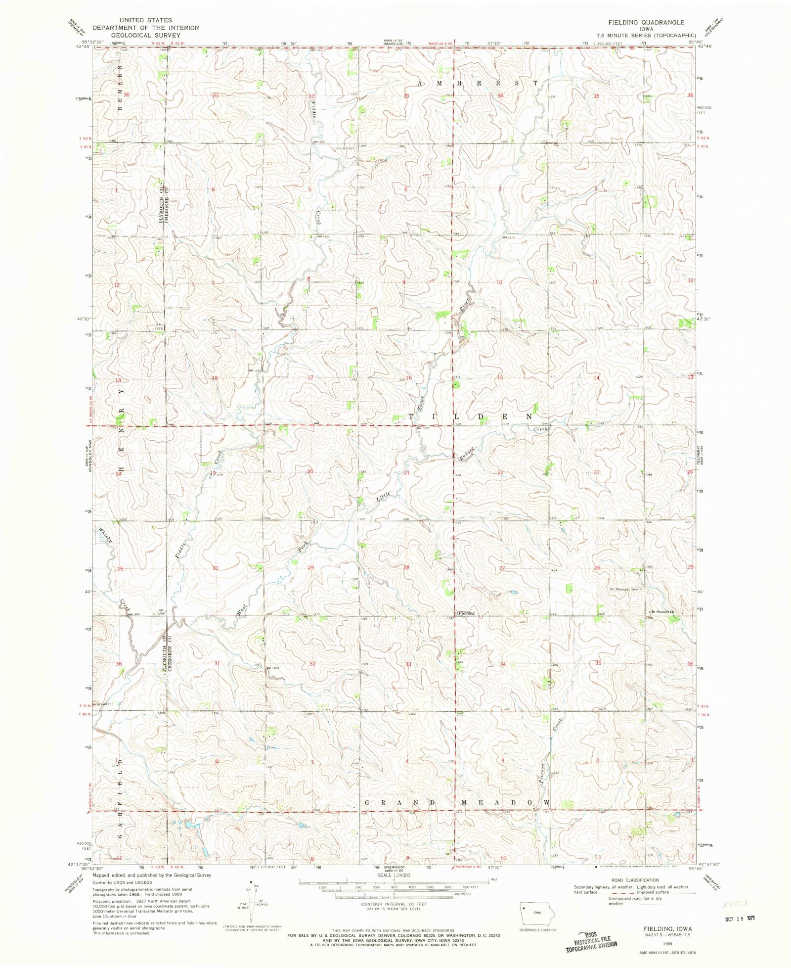 Classic USGS Fielding Iowa 7.5'x7.5' Topo Map – MyTopo Map Store