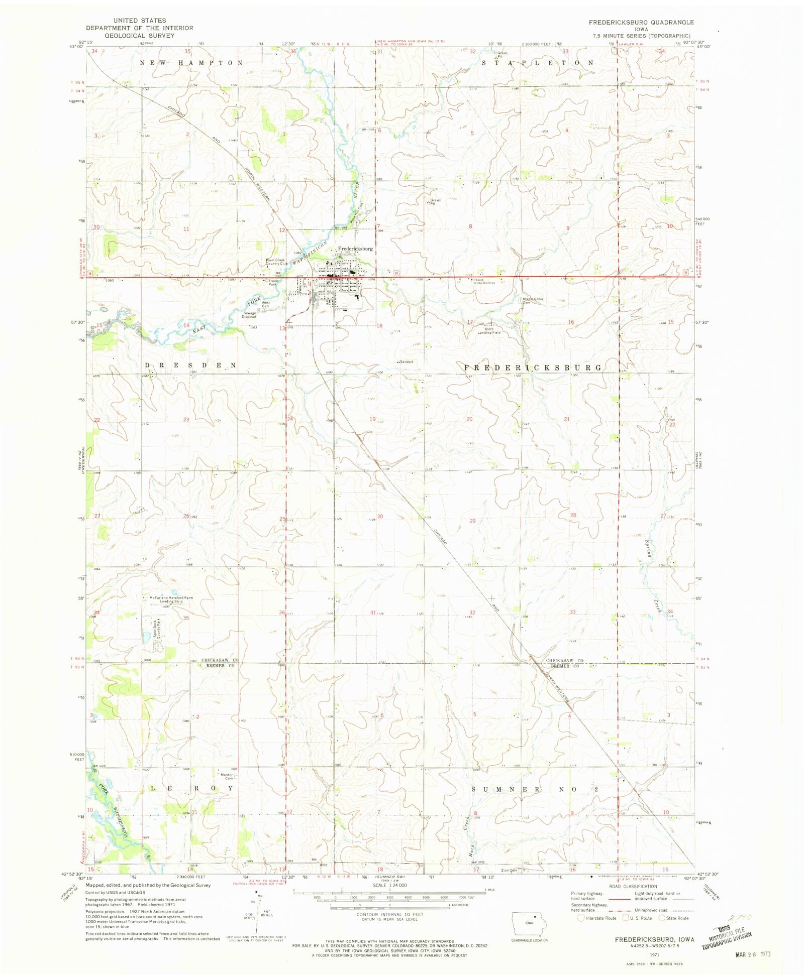 Classic USGS Fredericksburg Iowa 7.5'x7.5' Topo Map – MyTopo Map Store