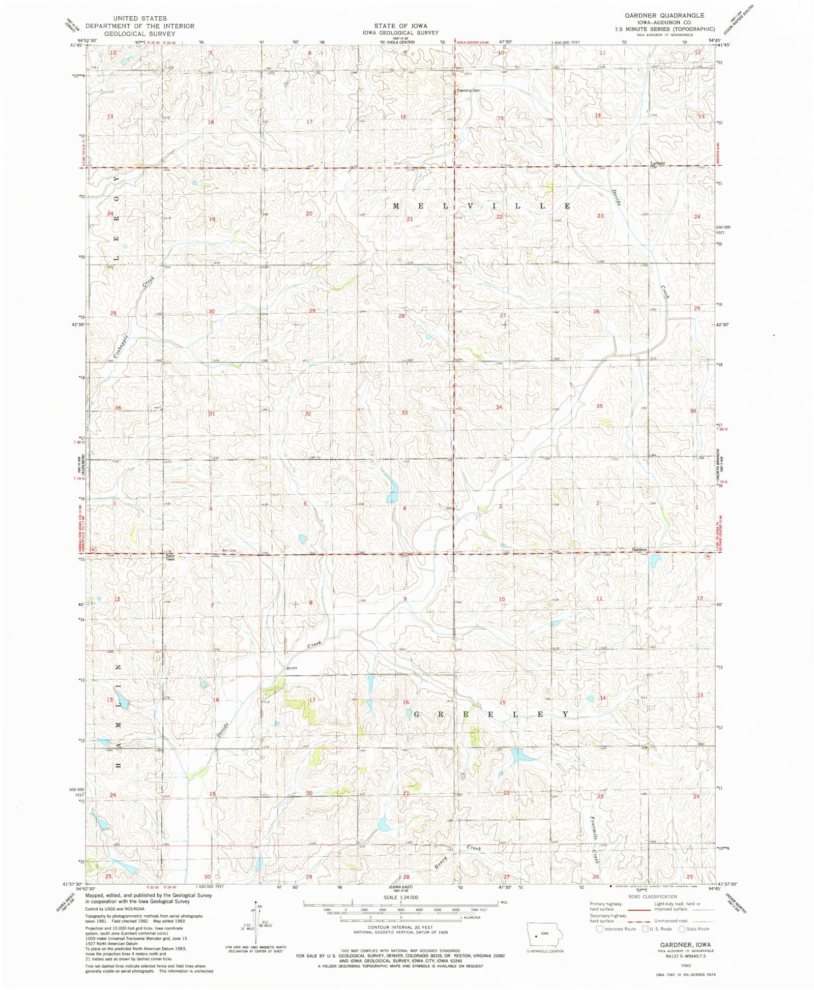 Classic USGS Gardner Iowa 7.5'x7.5' Topo Map – MyTopo Map Store
