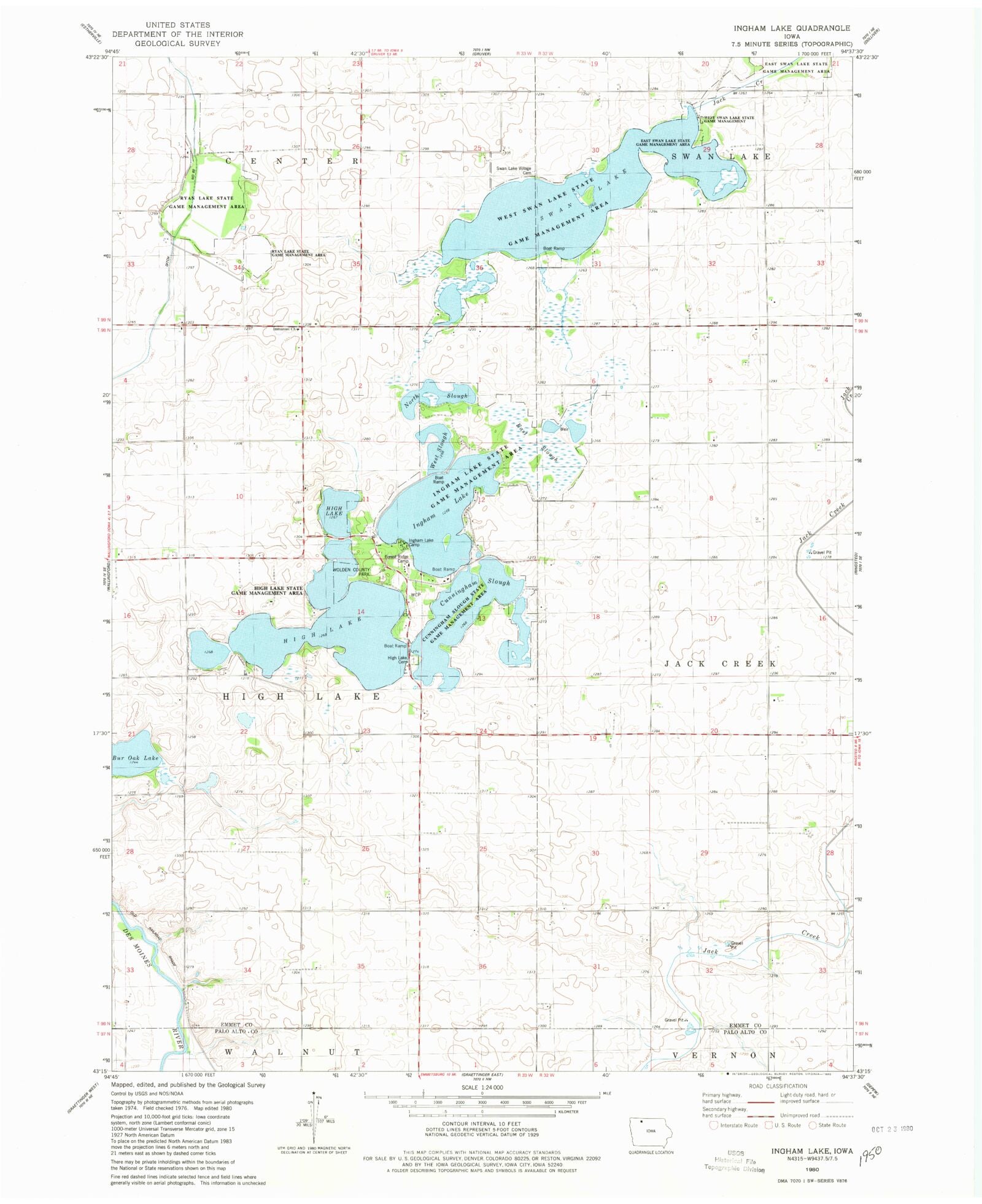 Classic USGS Ingham Lake Iowa 7.5'x7.5' Topo Map – MyTopo Map Store