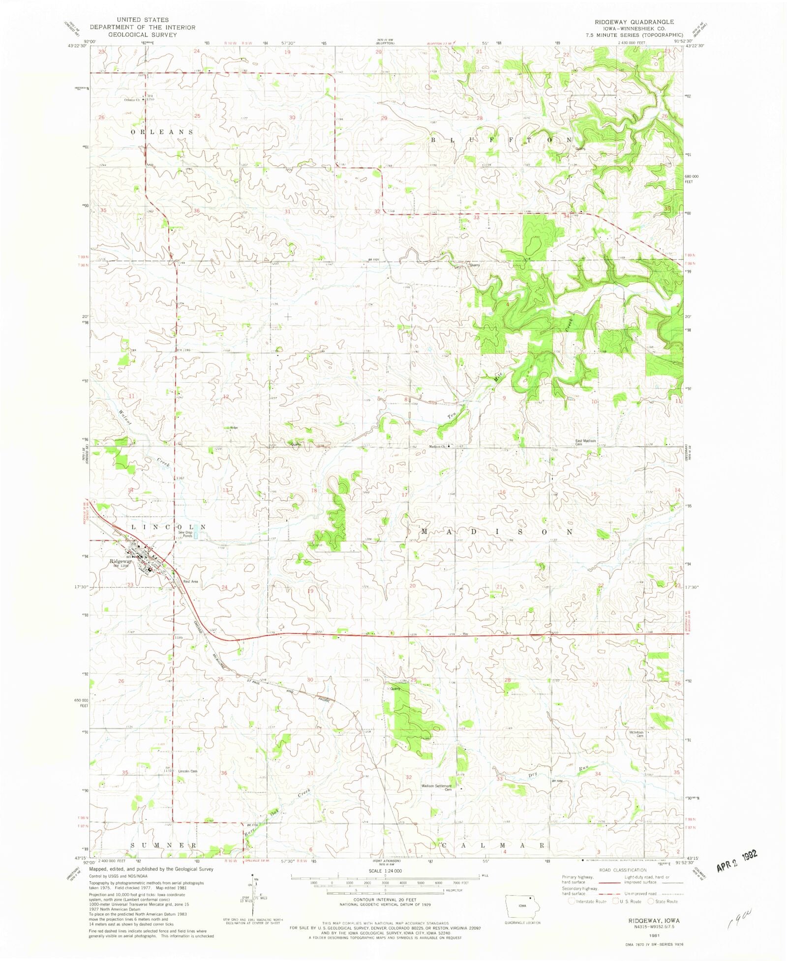 Classic USGS Ridgeway Iowa 7.5'x7.5' Topo Map – MyTopo Map Store