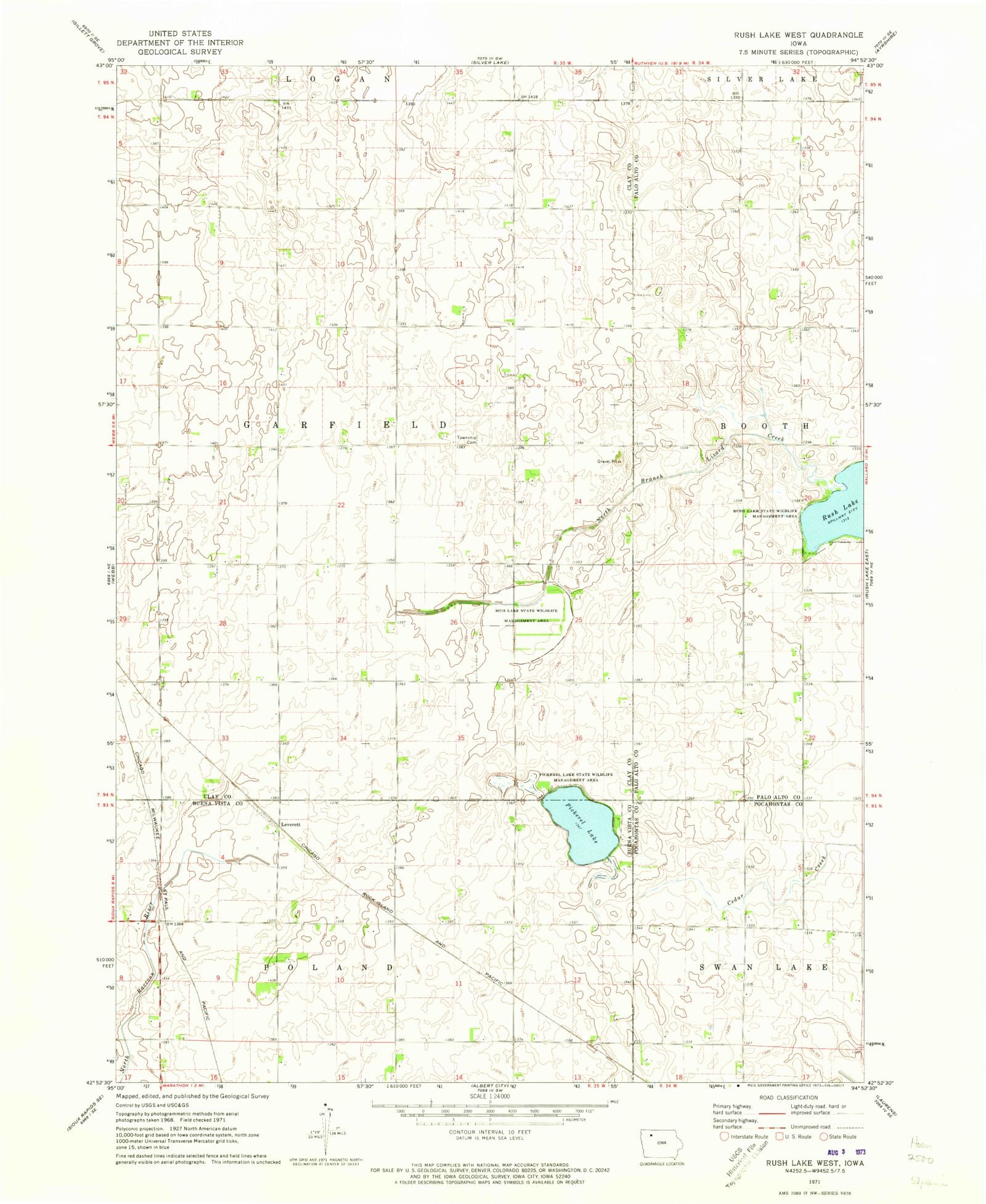 Classic USGS Rush Lake West Iowa 7.5'x7.5' Topo Map – MyTopo Map Store