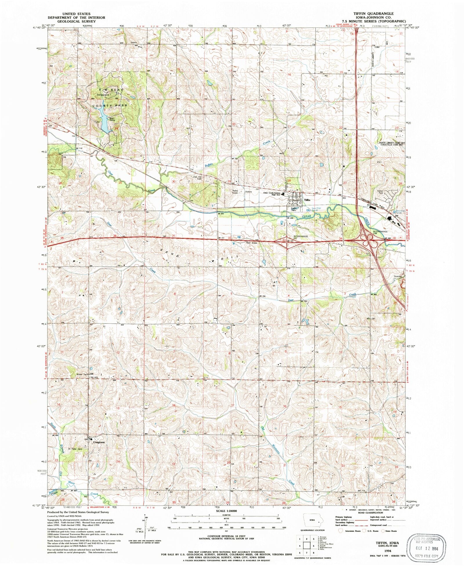 Classic USGS Tiffin Iowa 7.5'x7.5' Topo Map – MyTopo Map Store