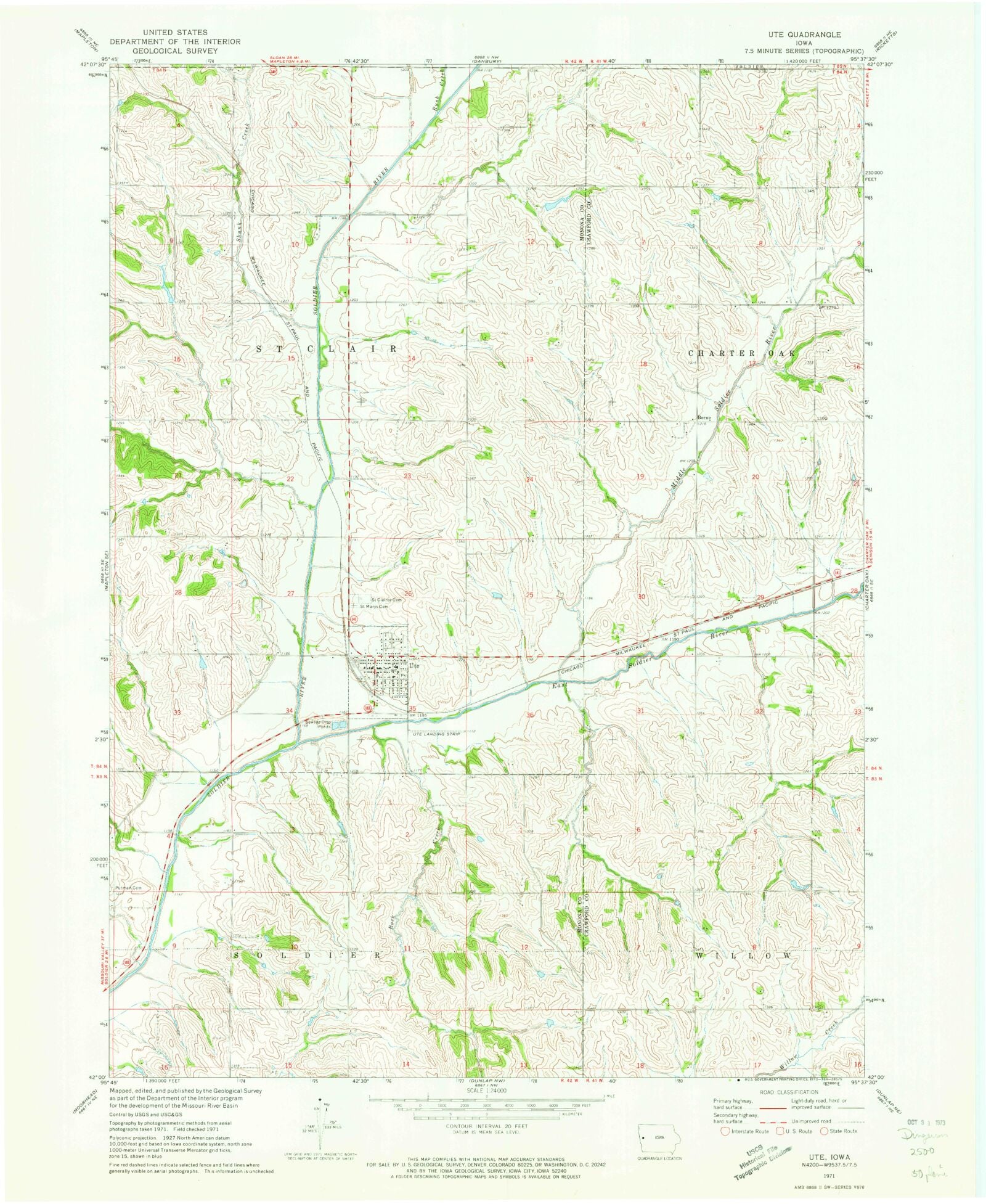 Classic USGS Ute Iowa 7.5'x7.5' Topo Map – MyTopo Map Store