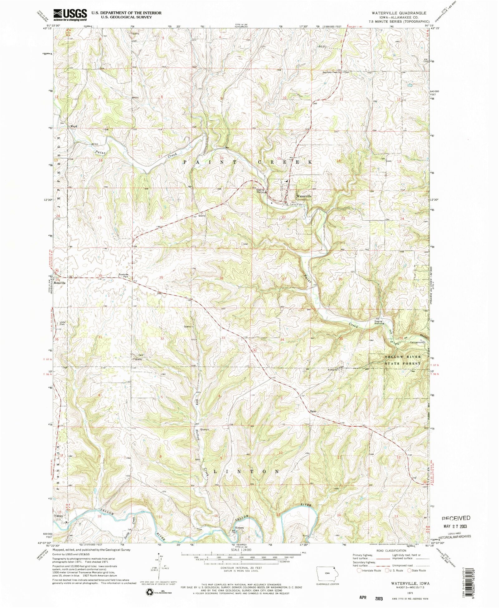 Classic USGS Waterville Iowa 7.5'x7.5' Topo Map – MyTopo Map Store