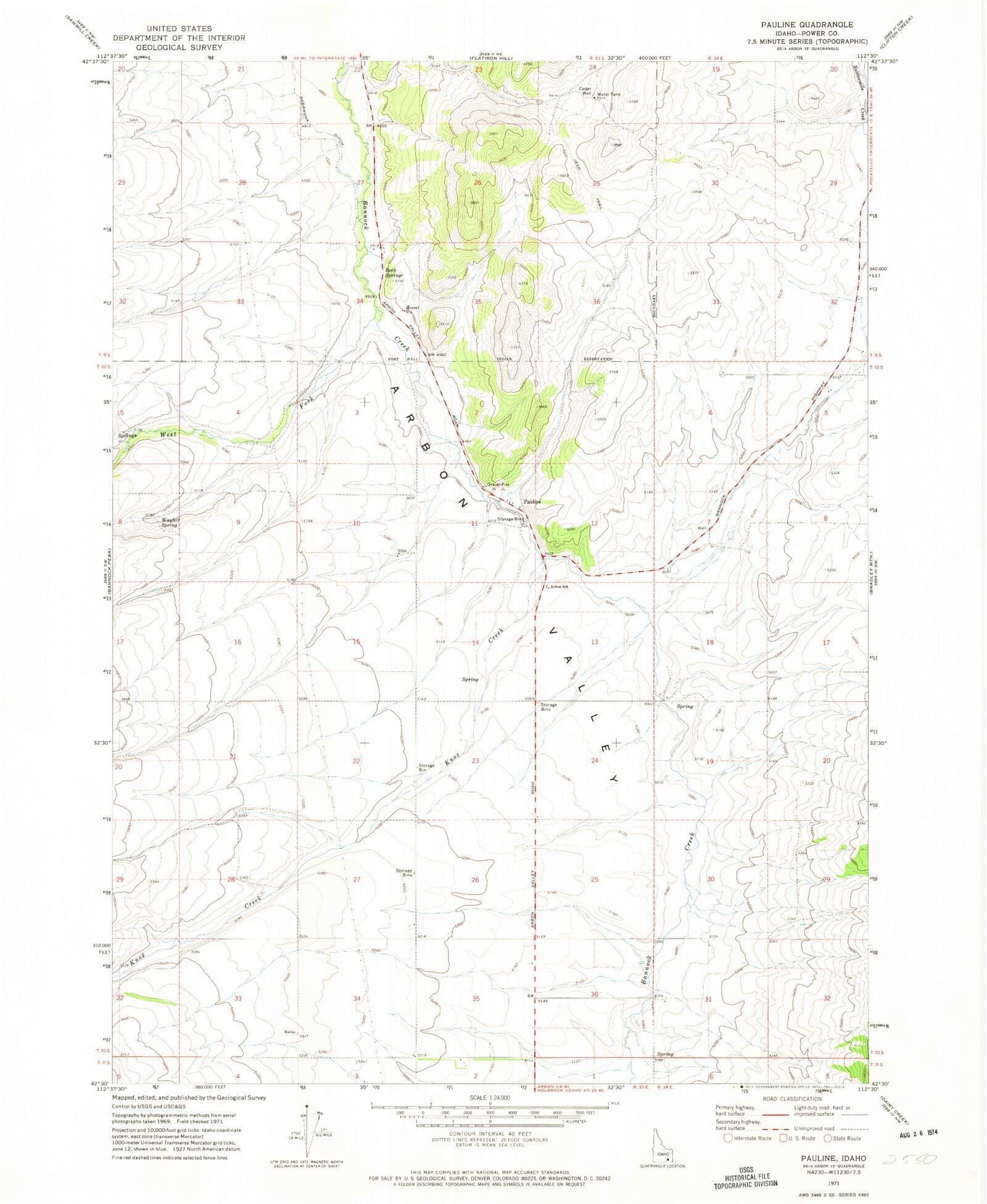 Classic USGS Pauline Idaho 7.5'x7.5' Topo Map – MyTopo Map Store