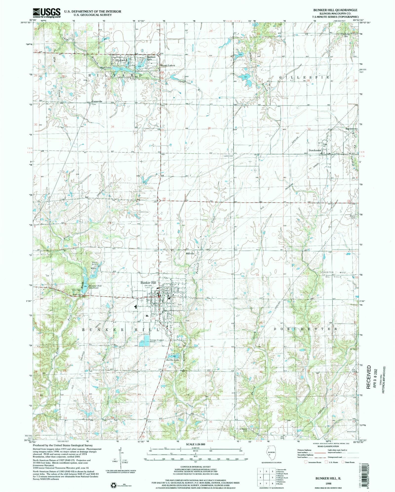 Classic USGS Bunker Hill Illinois 7.5'x7.5' Topo Map – MyTopo Map Store