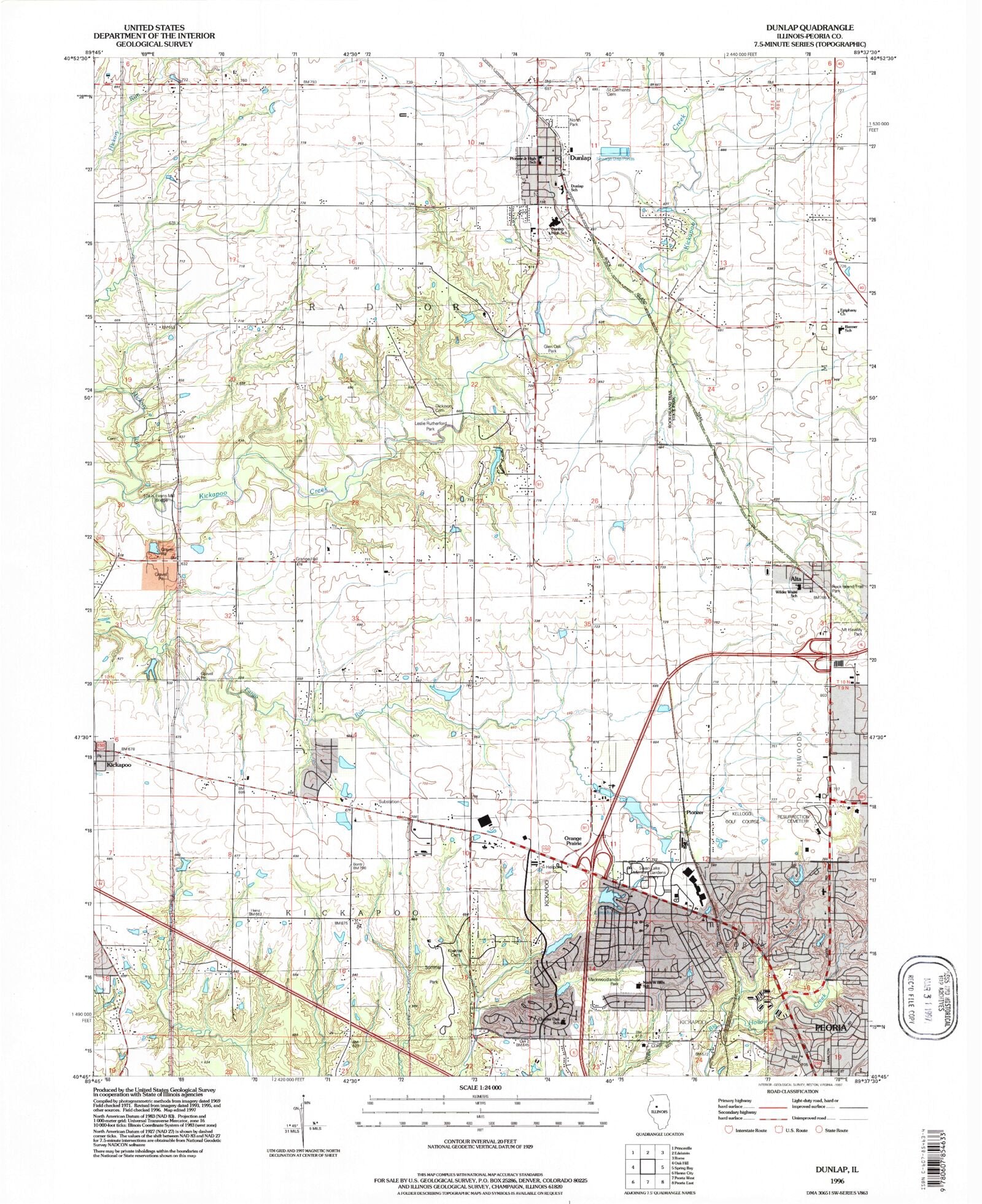 Classic USGS Dunlap Illinois 7.5'x7.5' Topo Map – MyTopo Map Store