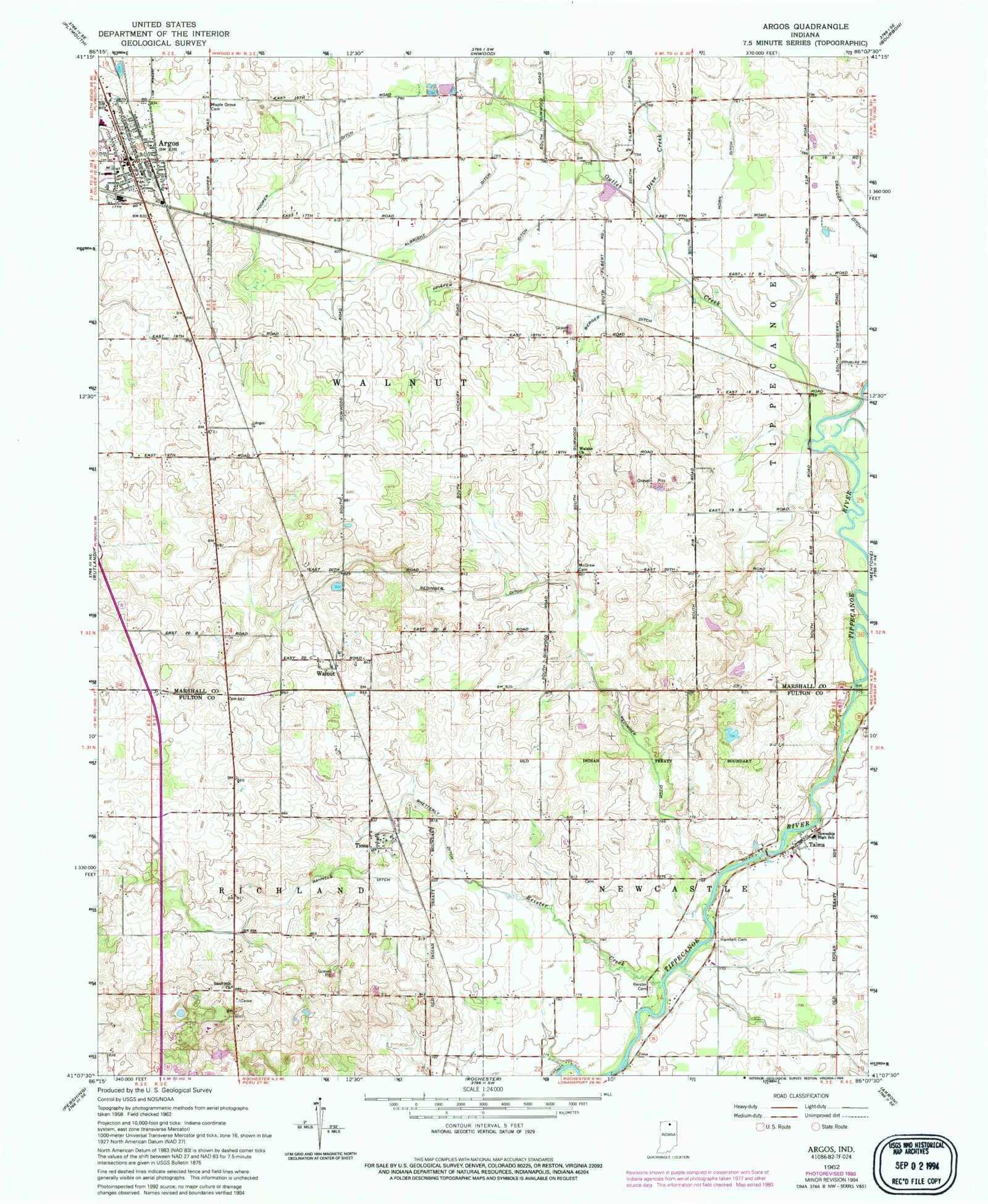 Classic USGS Argos Indiana 7.5'x7.5' Topo Map – MyTopo Map Store