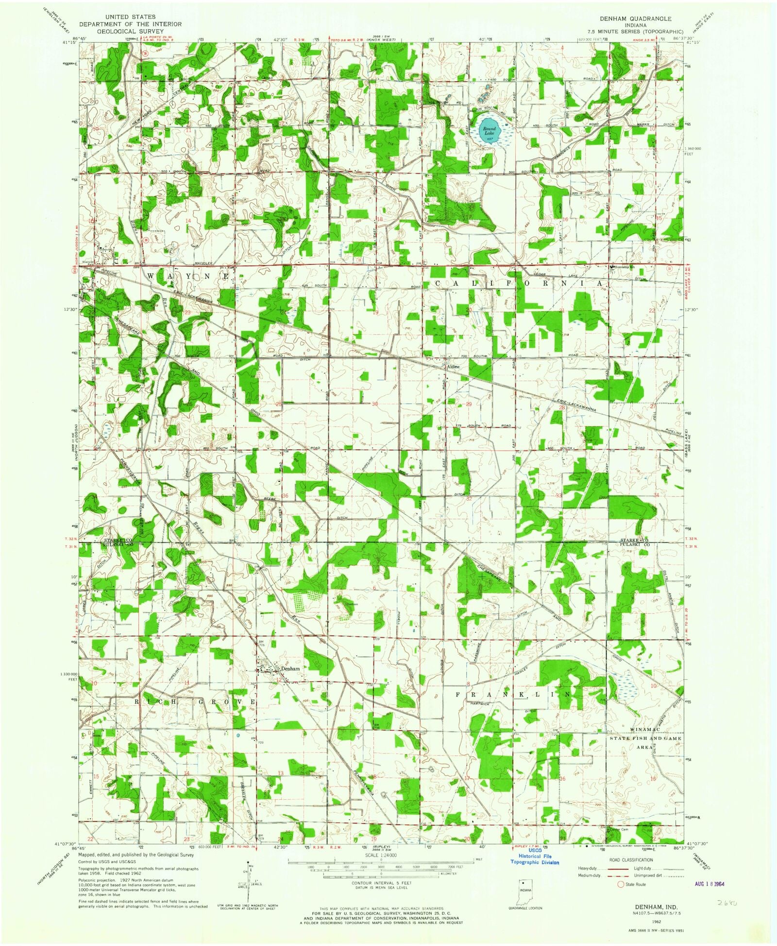Classic USGS Denham Indiana 7.5'x7.5' Topo Map – MyTopo Map Store