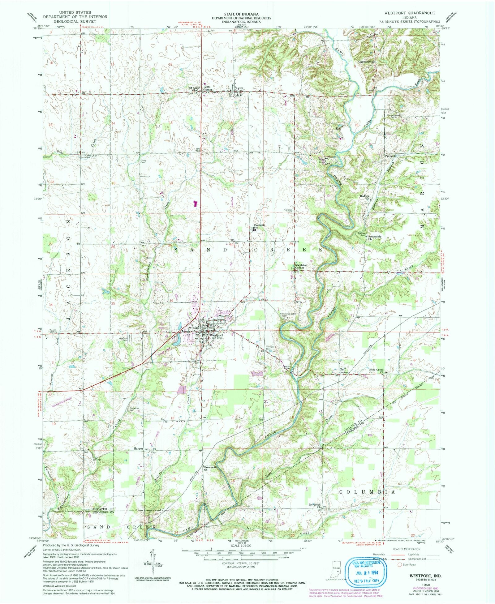 Classic USGS Westport Indiana 7.5'x7.5' Topo Map – MyTopo Map Store