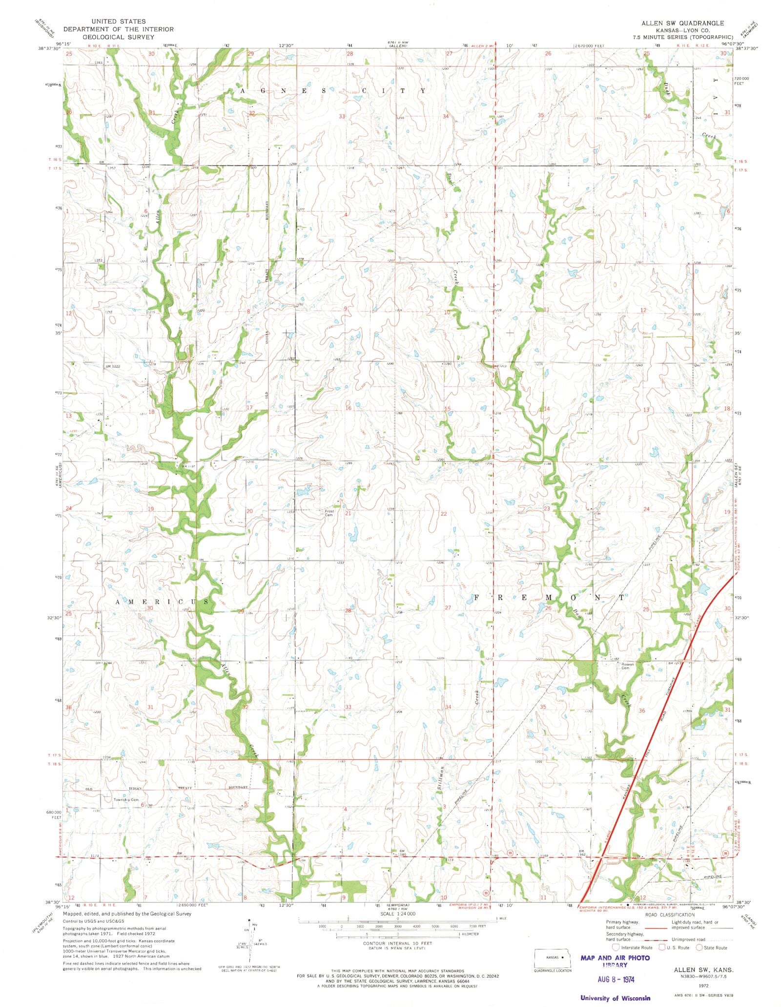 Classic USGS Allen SW Kansas 7.5'x7.5' Topo Map – MyTopo Map Store