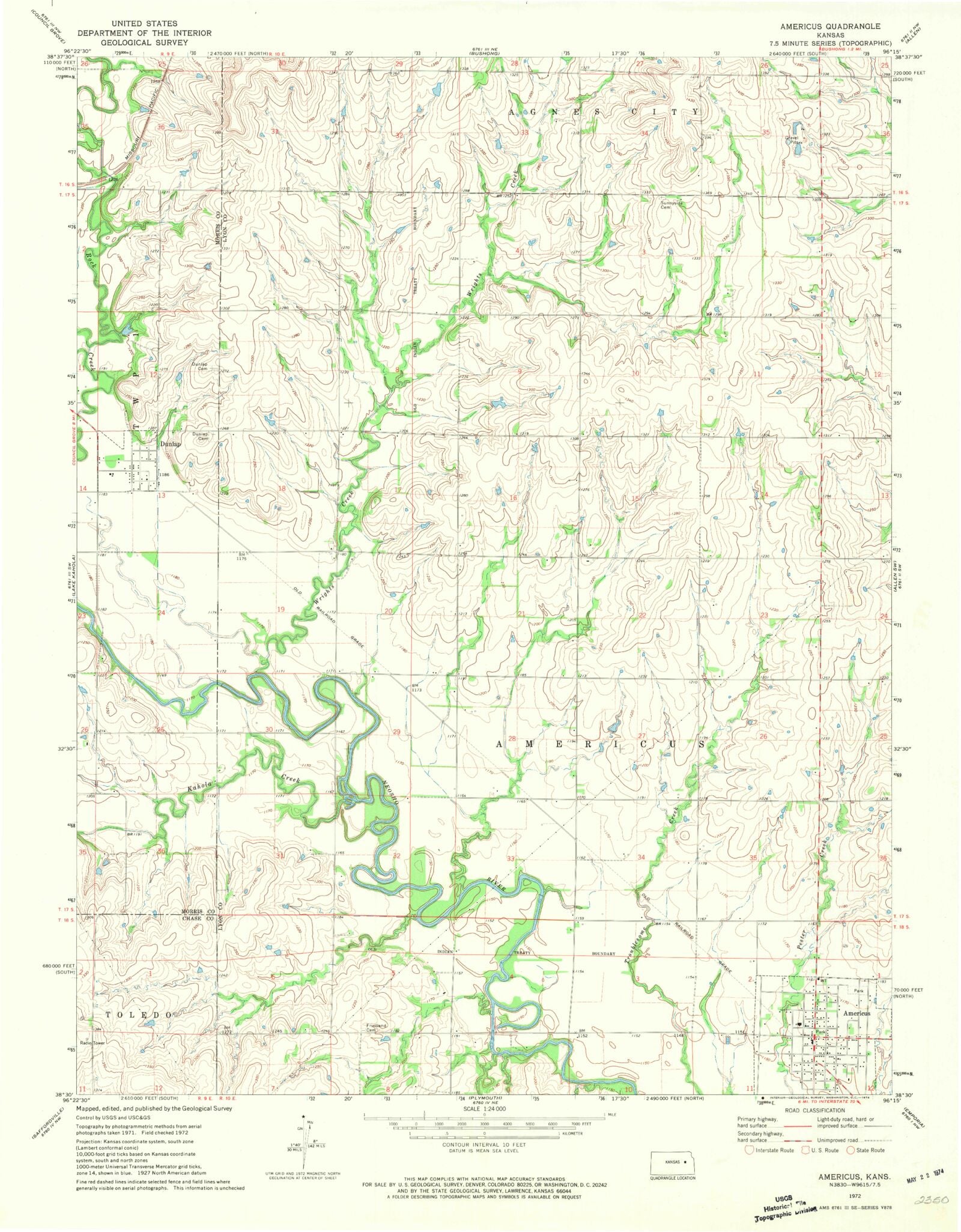 Classic USGS Americus Kansas 7.5'x7.5' Topo Map – MyTopo Map Store