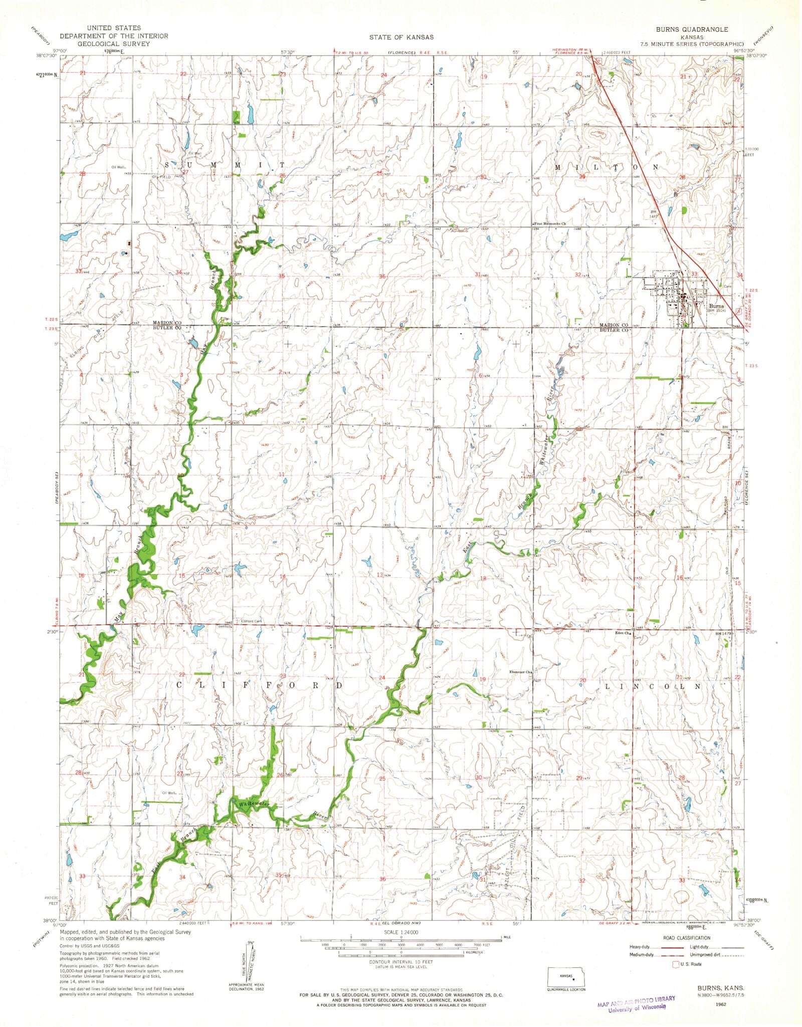 Classic USGS Burns Kansas 7.5'x7.5' Topo Map – MyTopo Map Store