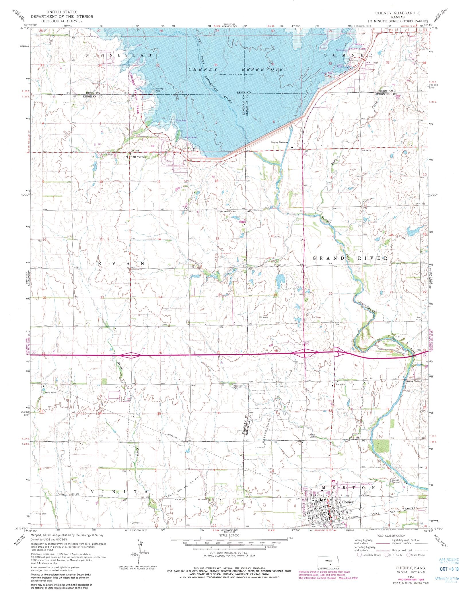 Classic USGS Cheney Kansas 7.5'x7.5' Topo Map – MyTopo Map Store