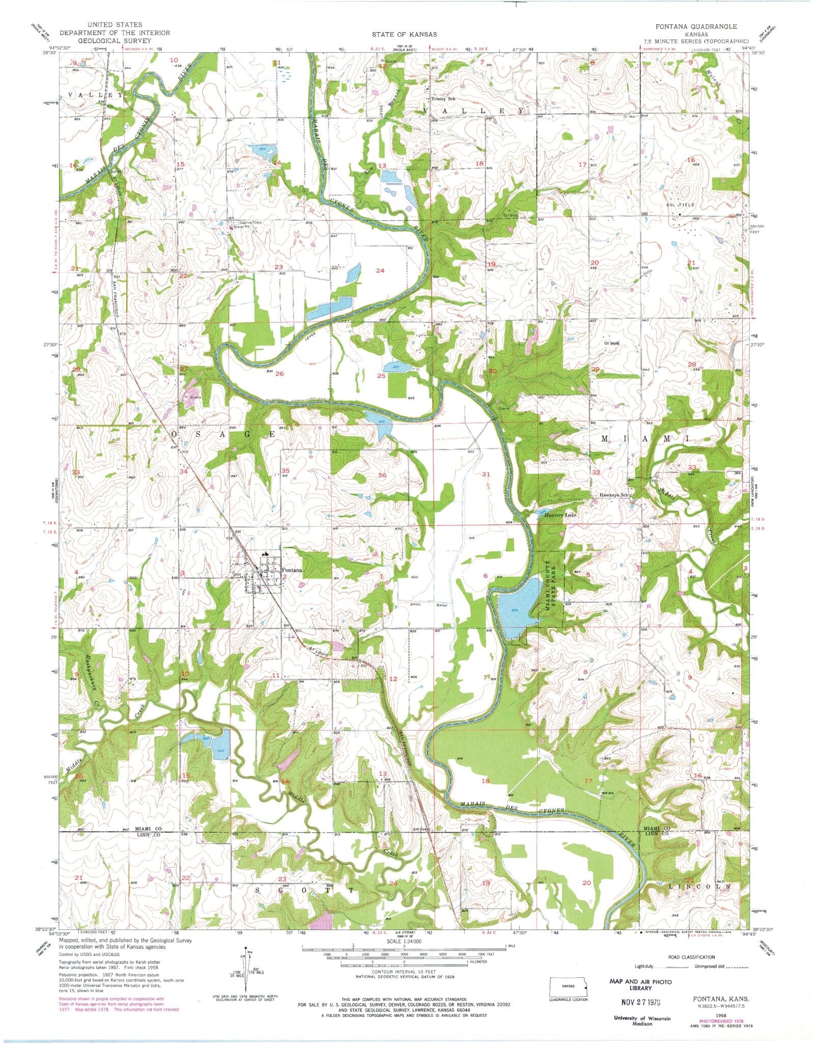 Classic USGS Fontana Kansas 7.5'x7.5' Topo Map – MyTopo Map Store