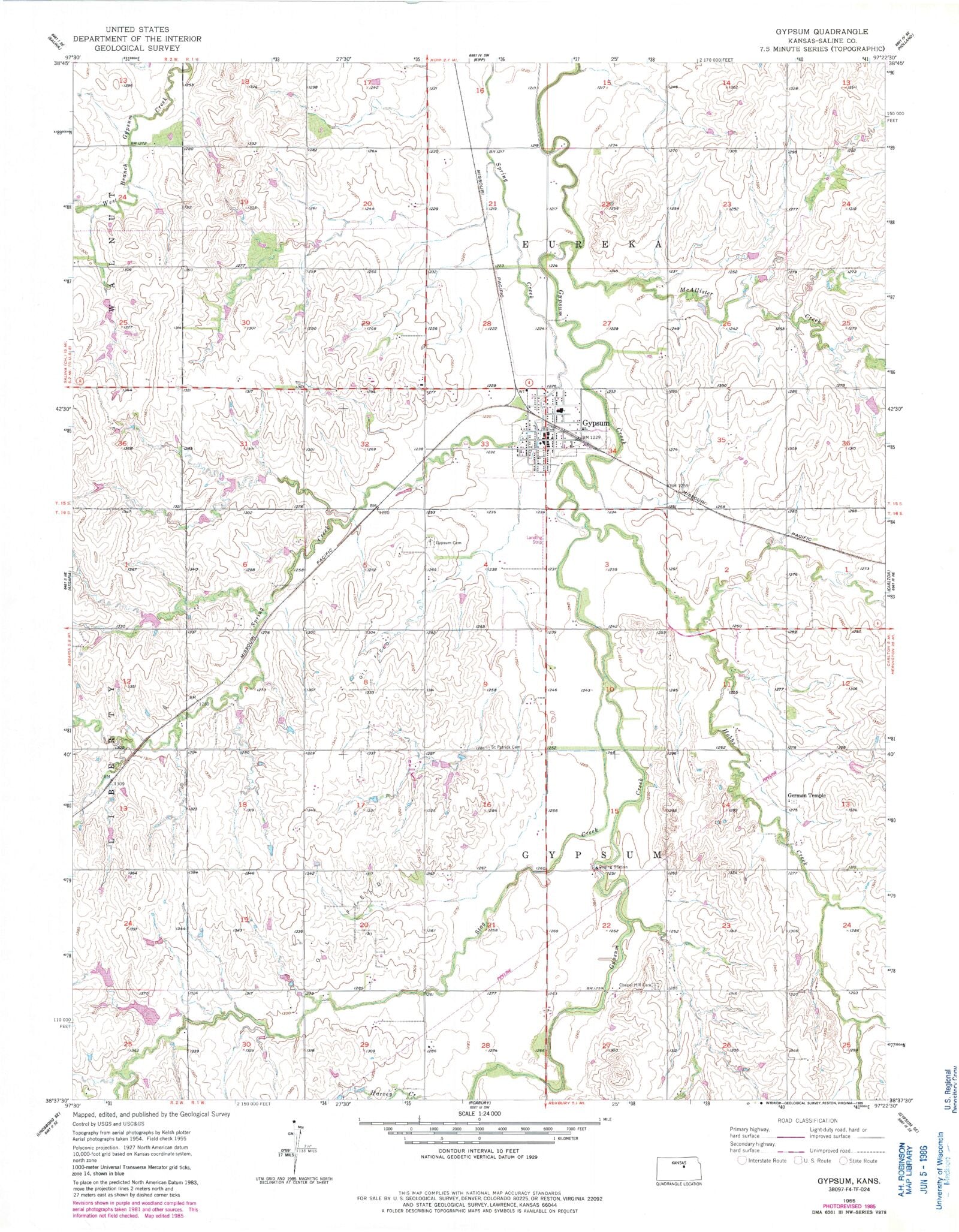 Classic USGS Gypsum Kansas 7.5'x7.5' Topo Map – MyTopo Map Store
