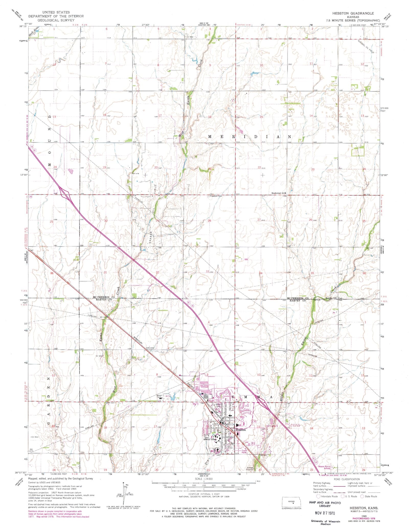 Classic USGS Hesston Kansas 7.5'x7.5' Topo Map – MyTopo Map Store
