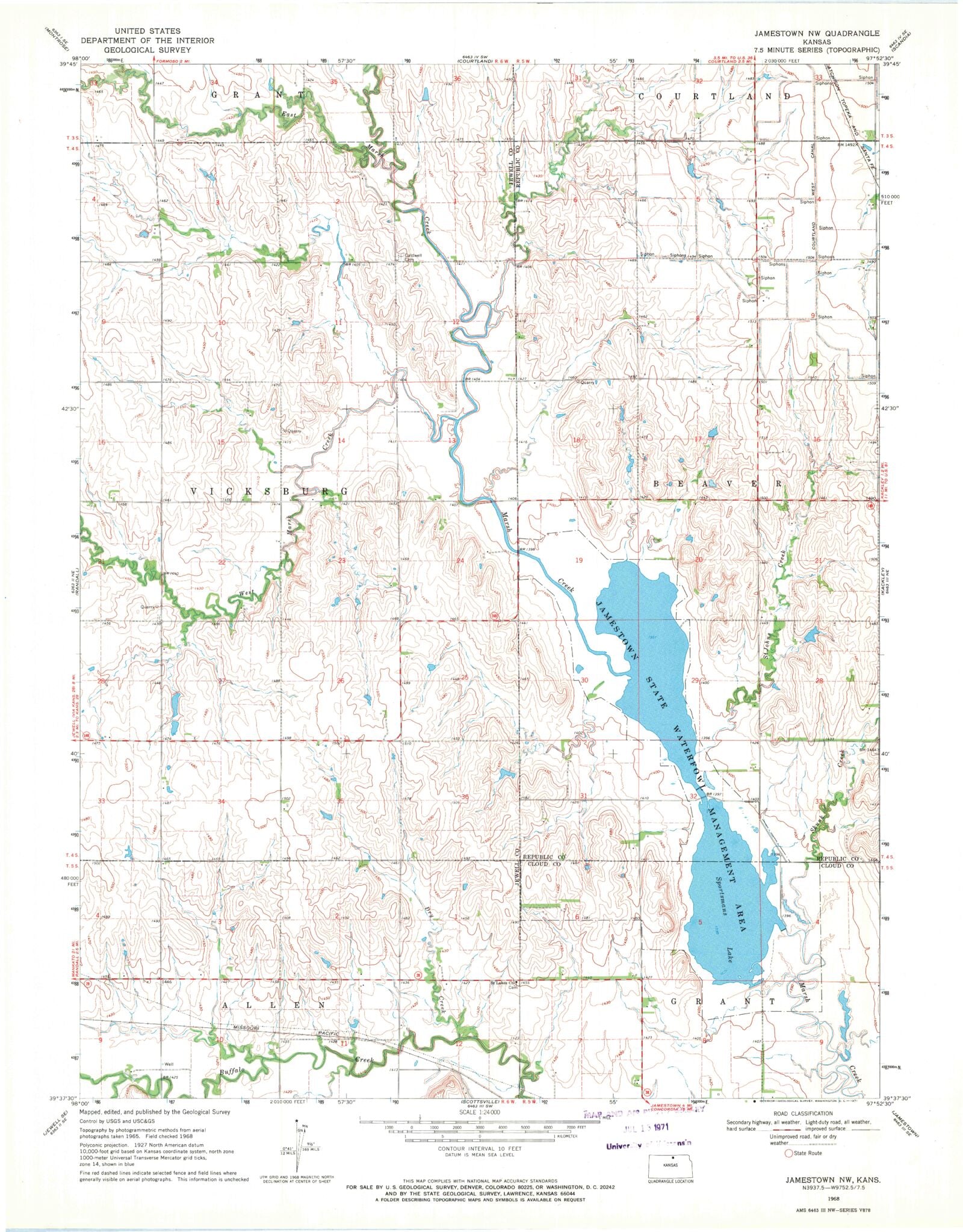 Classic USGS Jamestown NW Kansas 7.5'x7.5' Topo Map – MyTopo Map Store
