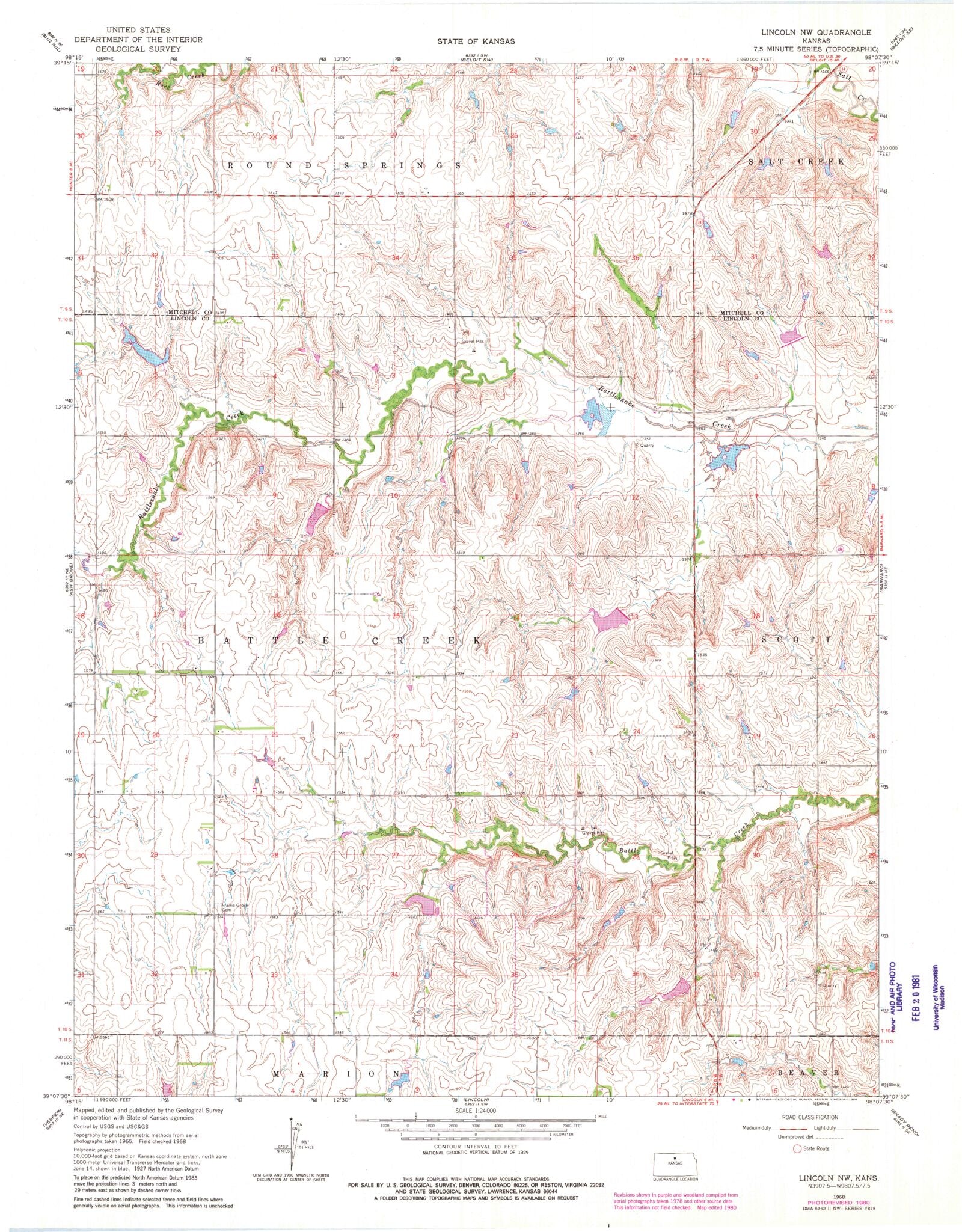 Classic USGS Lincoln NW Kansas 7.5'x7.5' Topo Map – MyTopo Map Store