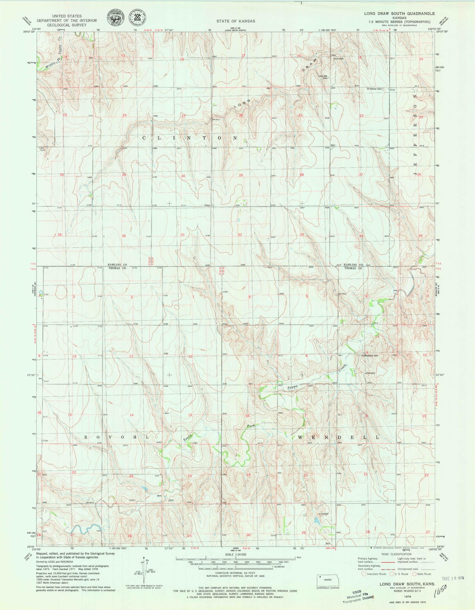 Classic USGS Long Draw South Kansas 7.5'x7.5' Topo Map – MyTopo Map Store