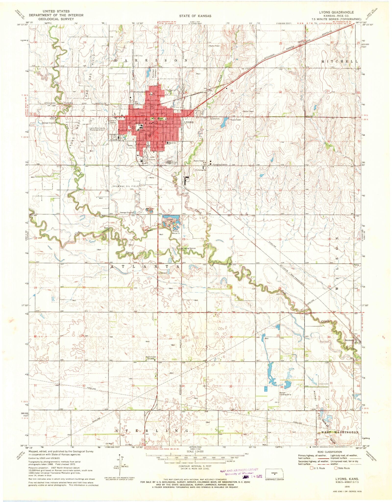 Classic USGS Lyons Kansas 7.5'x7.5' Topo Map – MyTopo Map Store