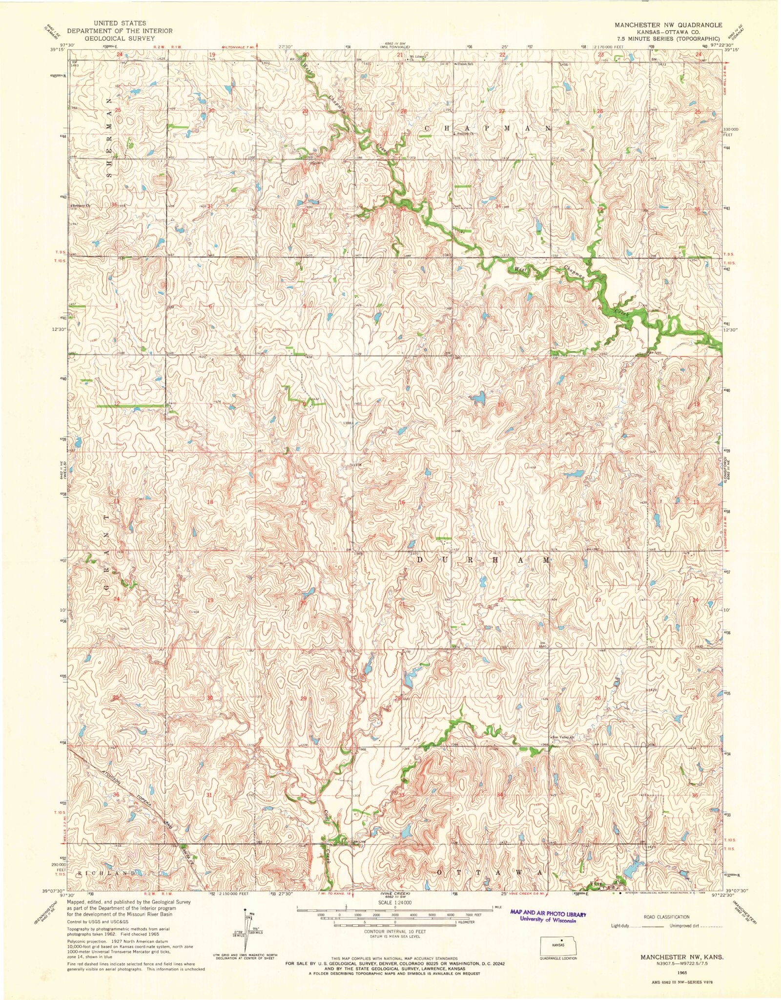Classic USGS Manchester NW Kansas 7.5'x7.5' Topo Map – MyTopo Map Store