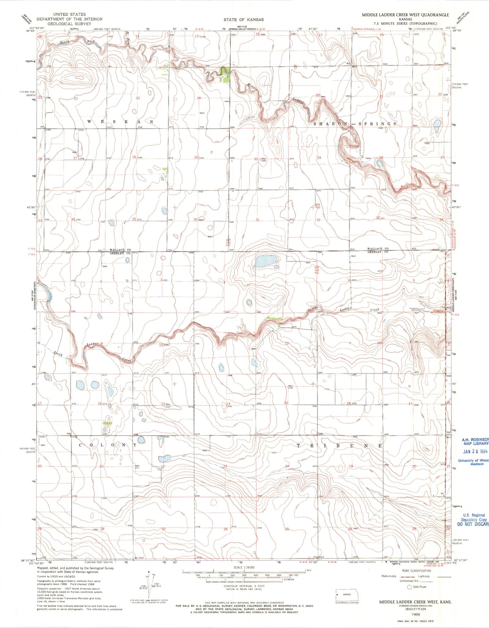 Classic USGS Middle Ladder Creek West Kansas 7.5'x7.5' Topo Map ...