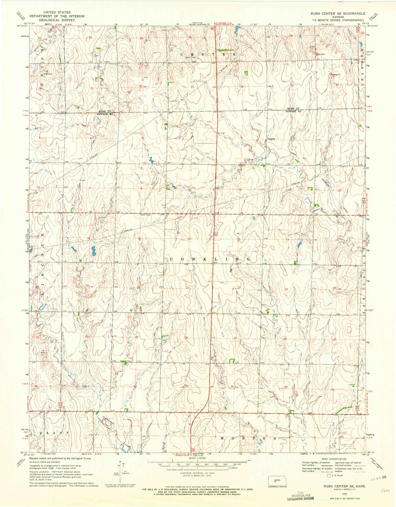 Classic USGS Rush Center SE Kansas 7.5'x7.5' Topo Map – MyTopo Map Store