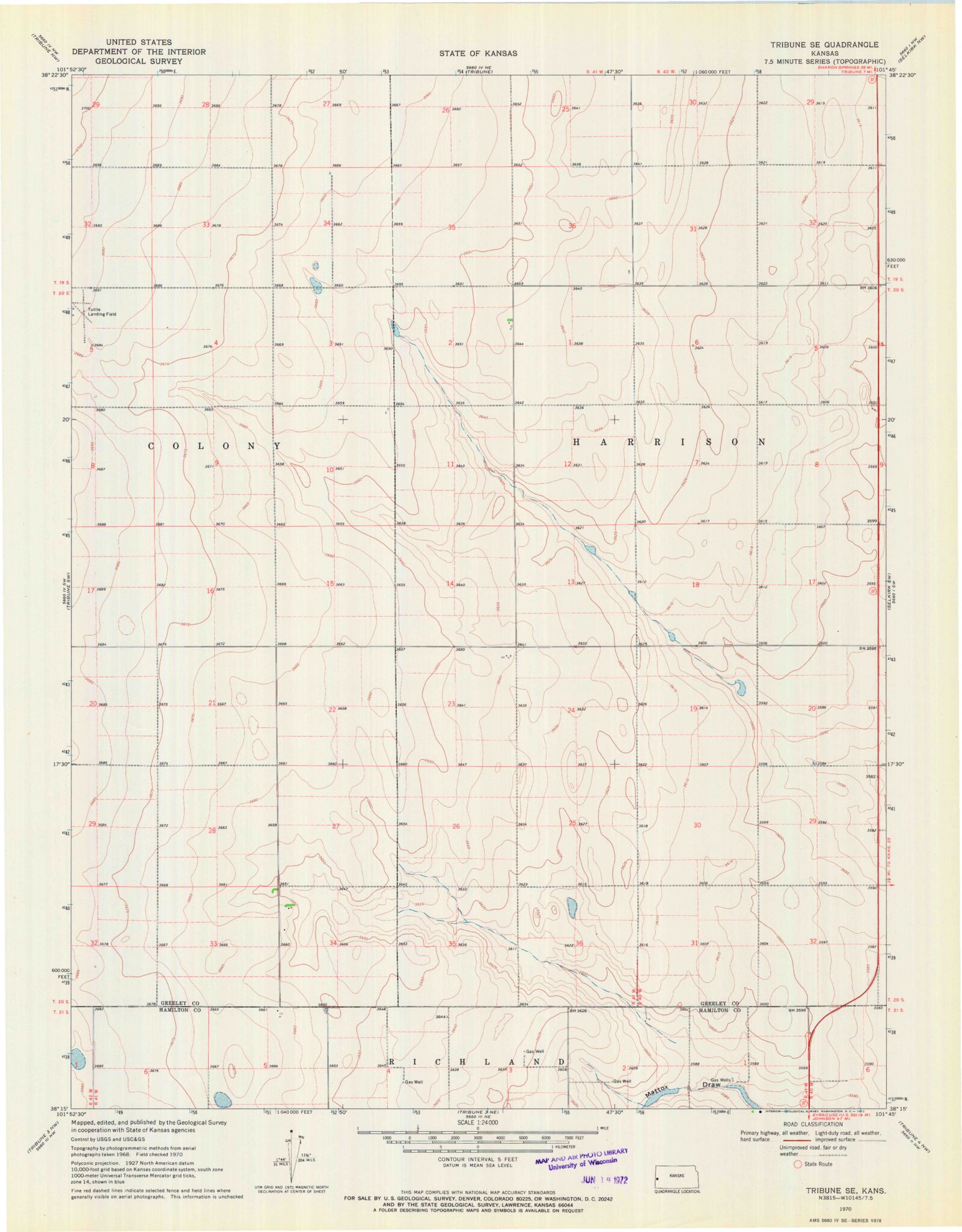 Classic USGS Tribune SE Kansas 7.5'x7.5' Topo Map – MyTopo Map Store