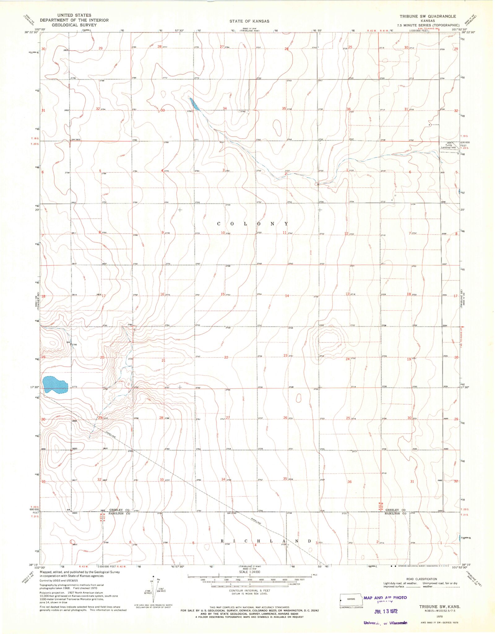 Classic USGS Tribune SW Kansas 7.5'x7.5' Topo Map – MyTopo Map Store