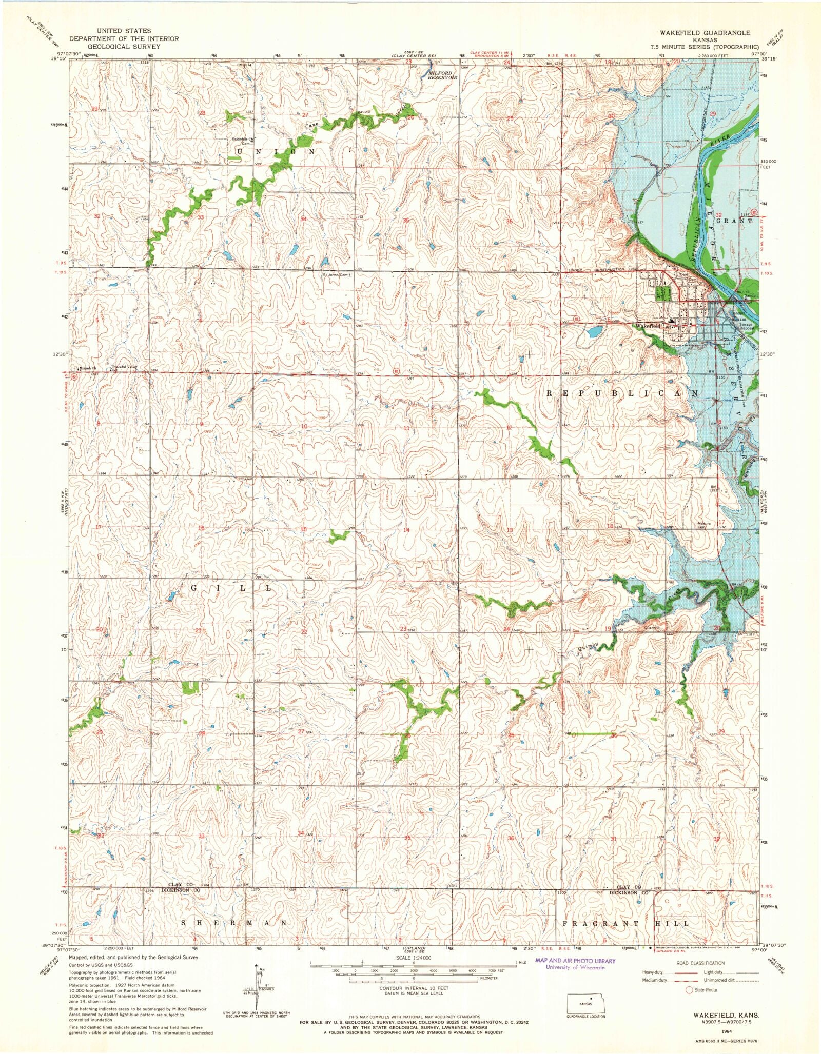Classic USGS Wakefield Kansas 7.5'x7.5' Topo Map – MyTopo Map Store