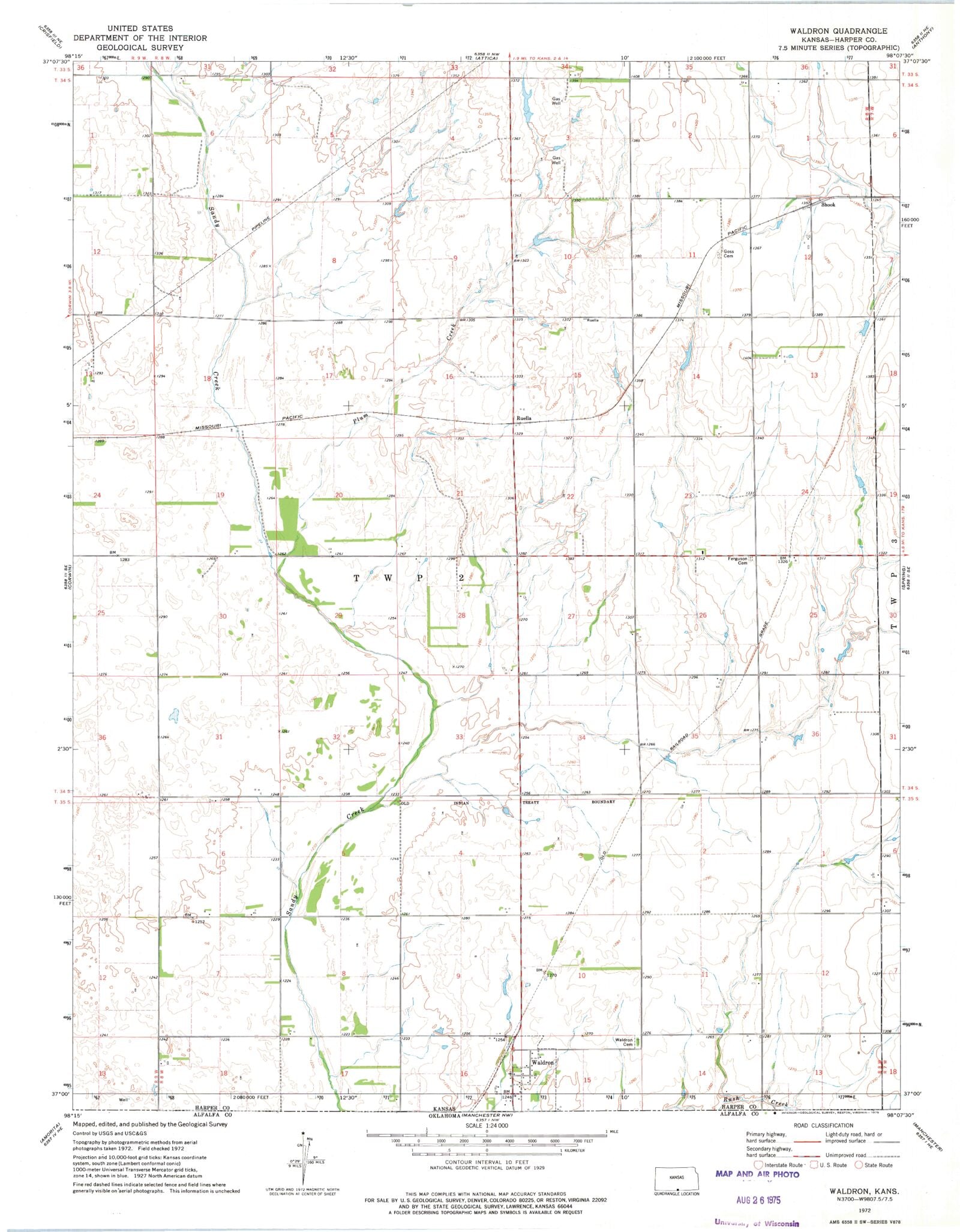 Classic USGS Waldron Kansas 7.5'x7.5' Topo Map – MyTopo Map Store