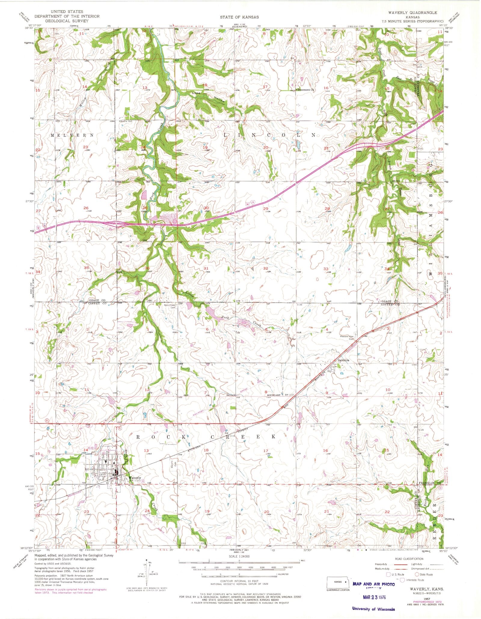 Classic USGS Waverly Kansas 7.5'x7.5' Topo Map – MyTopo Map Store