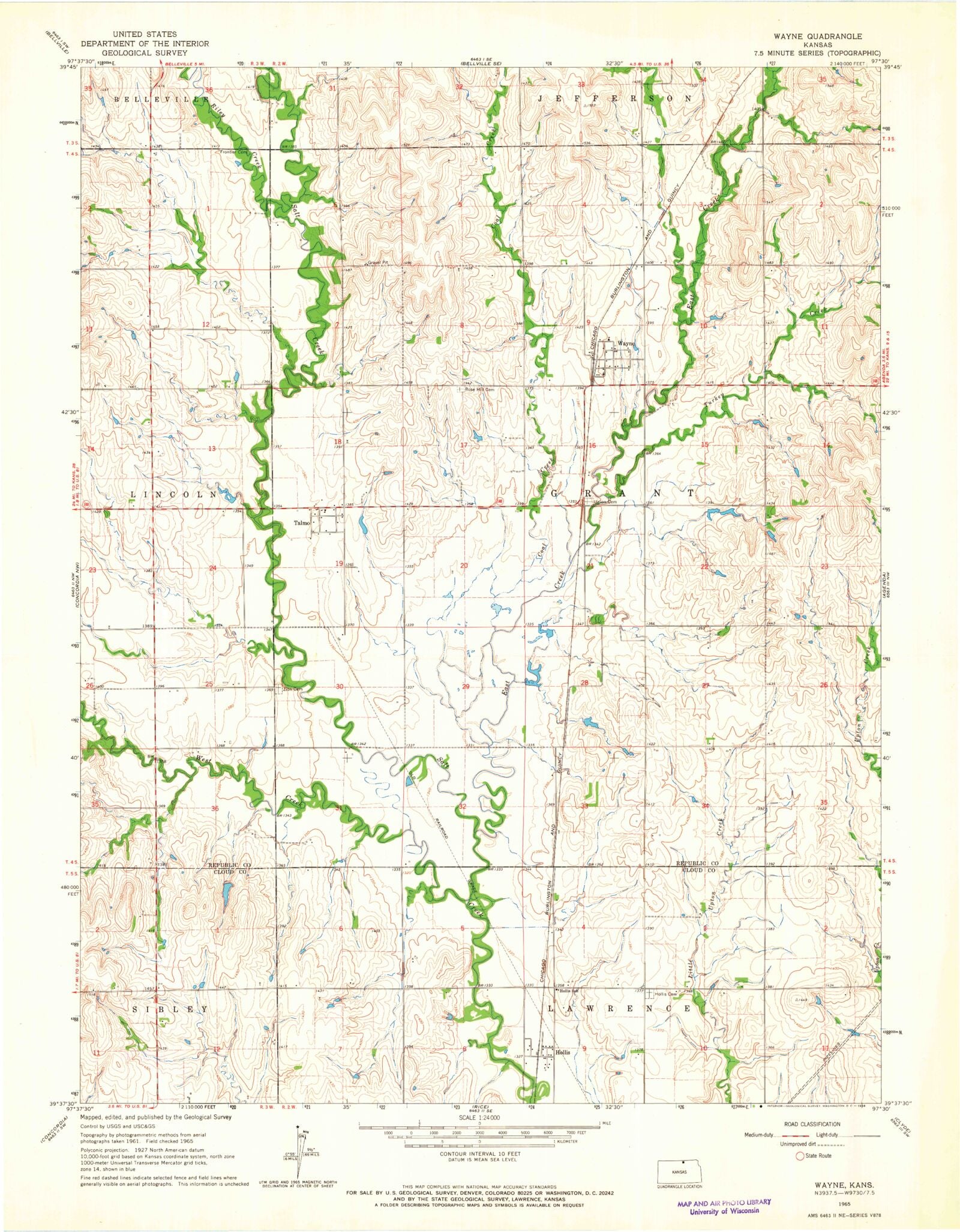 Classic USGS Wayne Kansas 7.5'x7.5' Topo Map – MyTopo Map Store