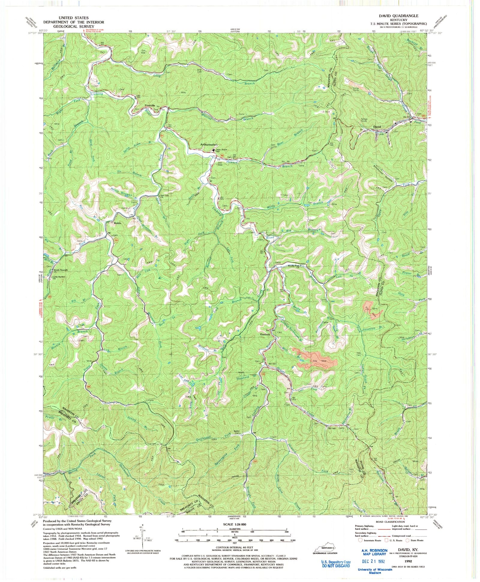 Classic USGS David Kentucky 7.5'x7.5' Topo Map – MyTopo Map Store