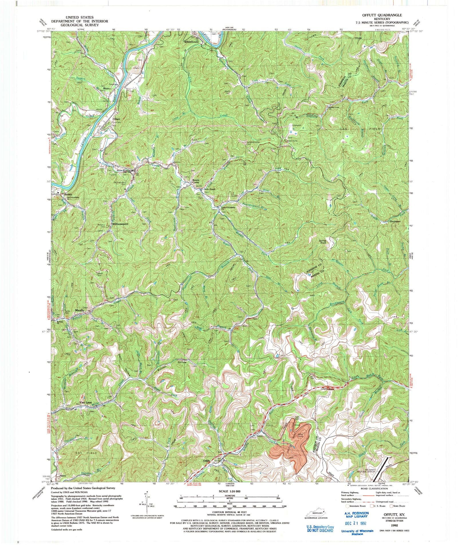 Classic USGS Offutt Kentucky 7.5'x7.5' Topo Map – MyTopo Map Store