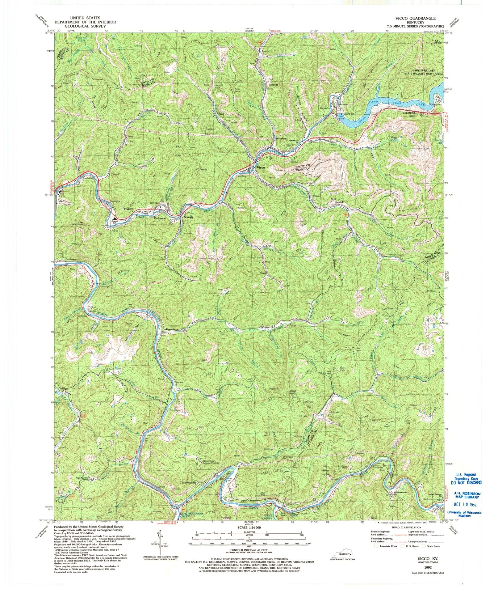 Classic USGS Vicco Kentucky 7.5'x7.5' Topo Map – MyTopo Map Store
