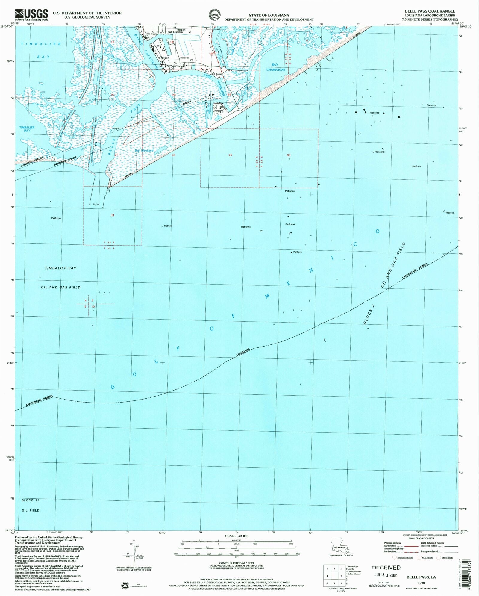 Classic USGS Belle Pass Louisiana 7.5'x7.5' Topo Map – MyTopo Map Store