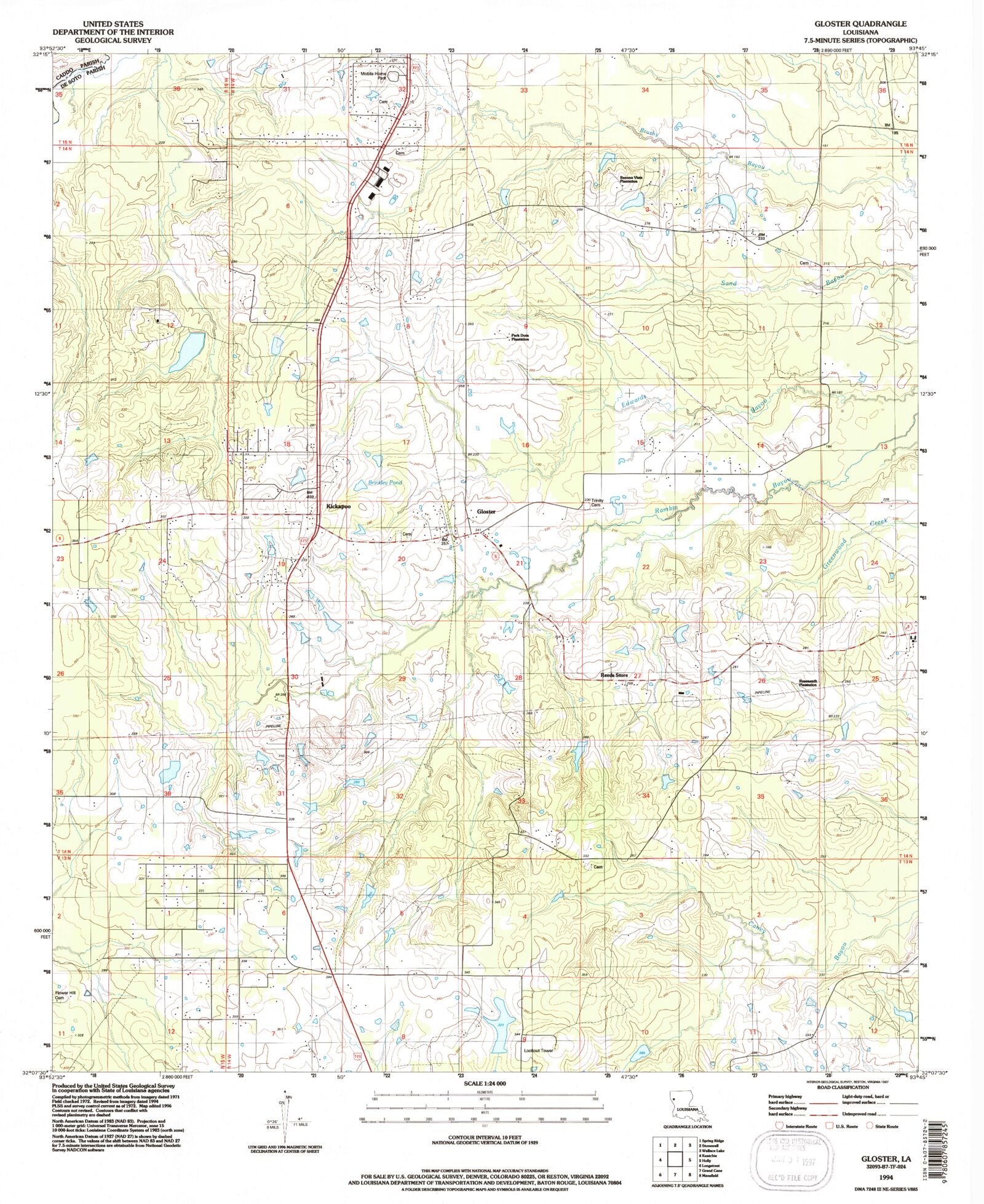 Classic USGS Gloster Louisiana 7.5'x7.5' Topo Map – MyTopo Map Store