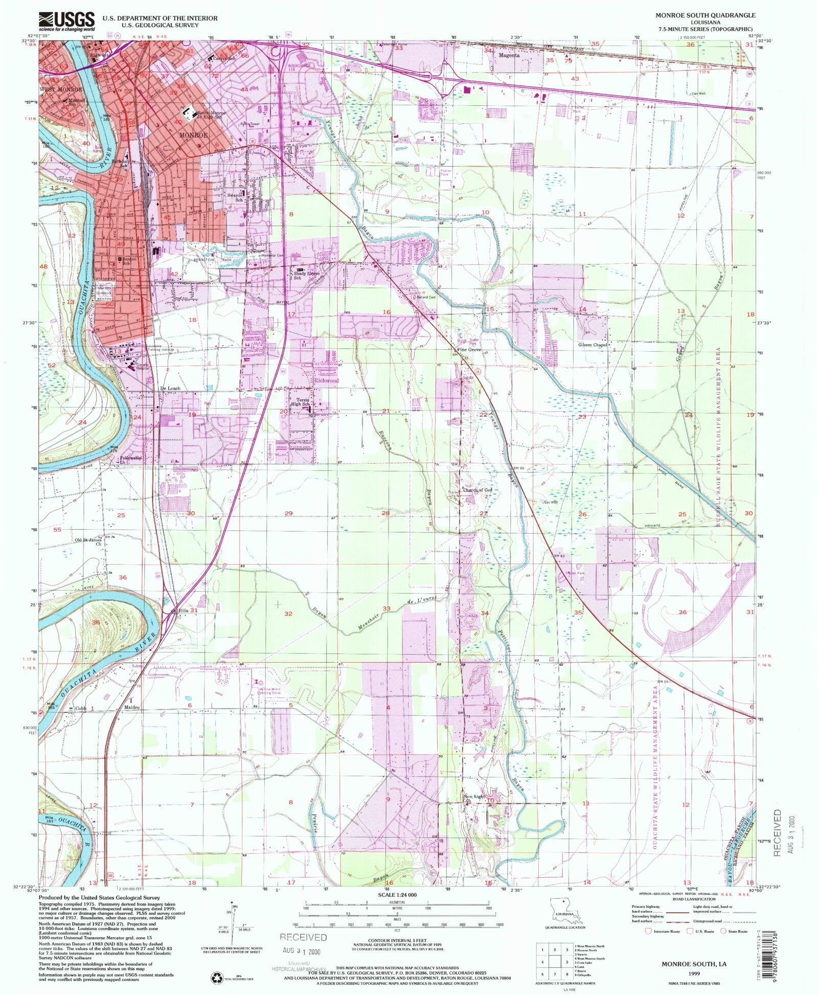 Classic USGS Monroe South Louisiana 7.5'x7.5' Topo Map – MyTopo Map Store