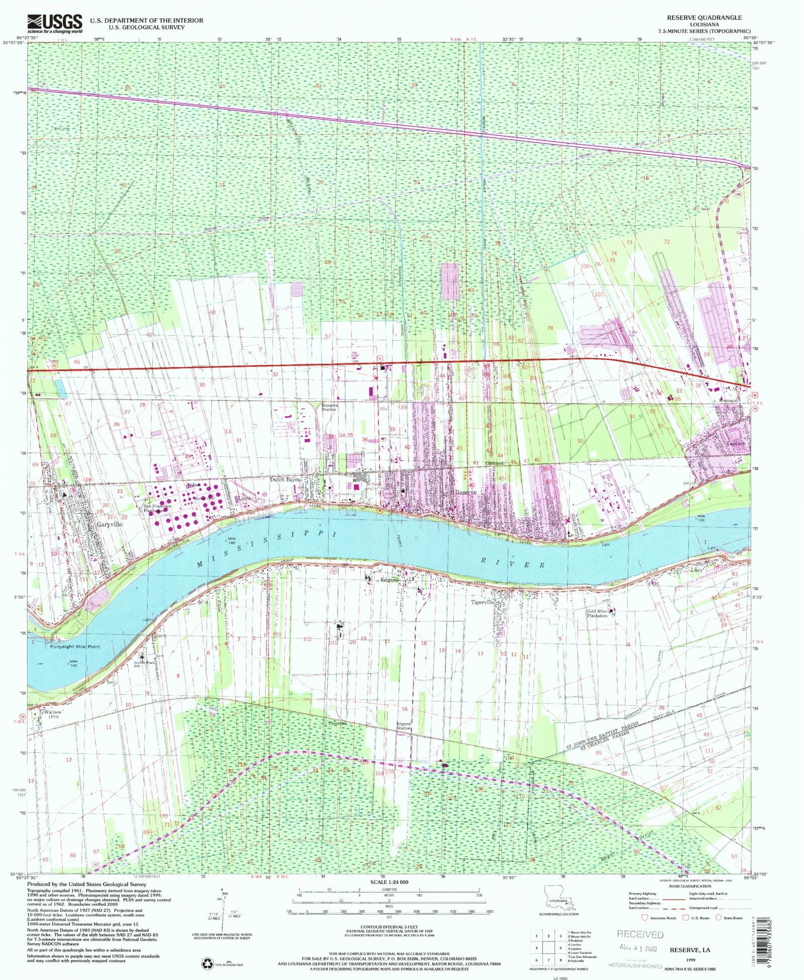 Classic USGS Reserve Louisiana 7.5'x7.5' Topo Map – MyTopo Map Store