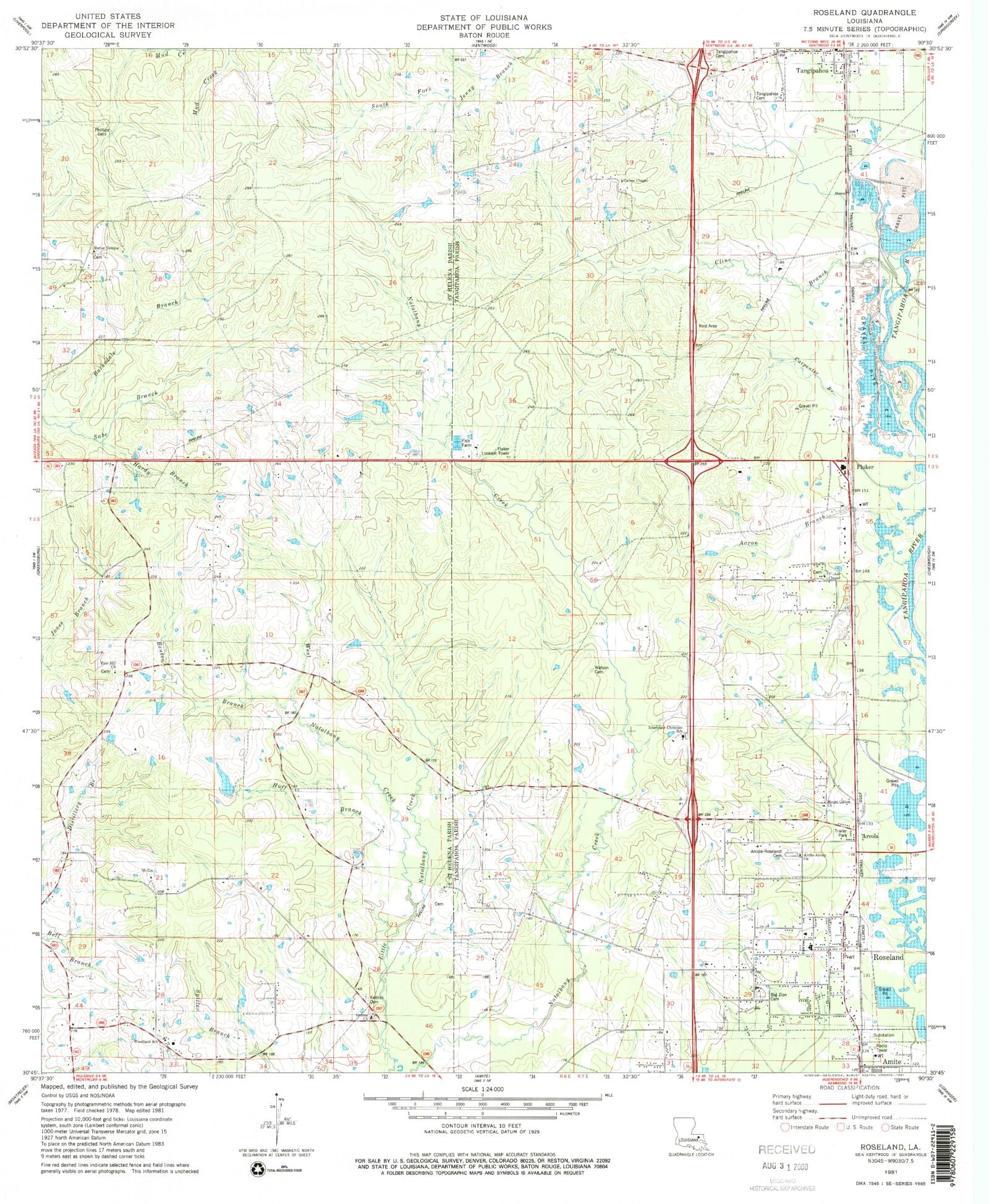 Classic USGS Roseland Louisiana 7.5'x7.5' Topo Map – MyTopo Map Store